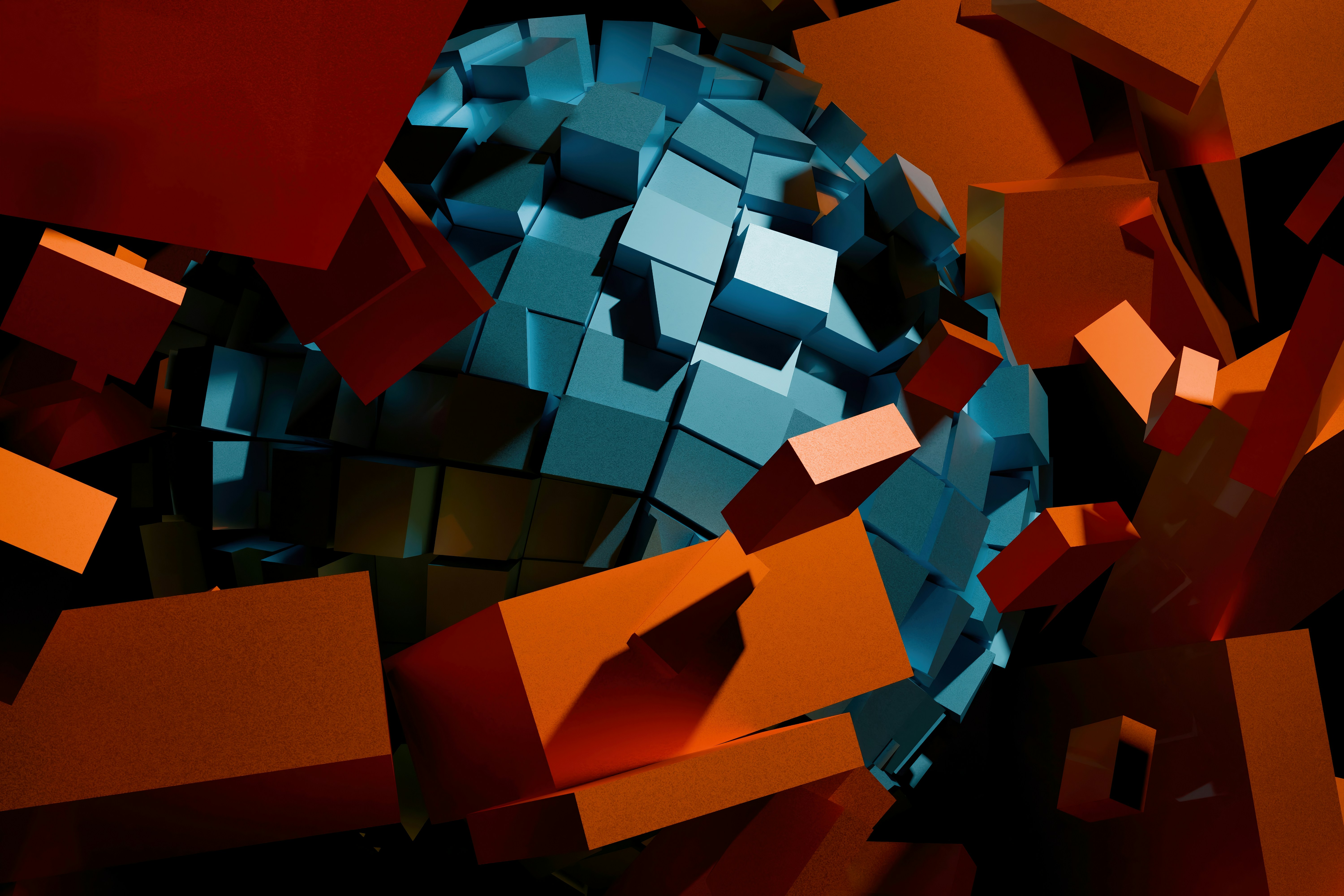 Abstract blue sphere breaking apart orange blocks photo – Free ...