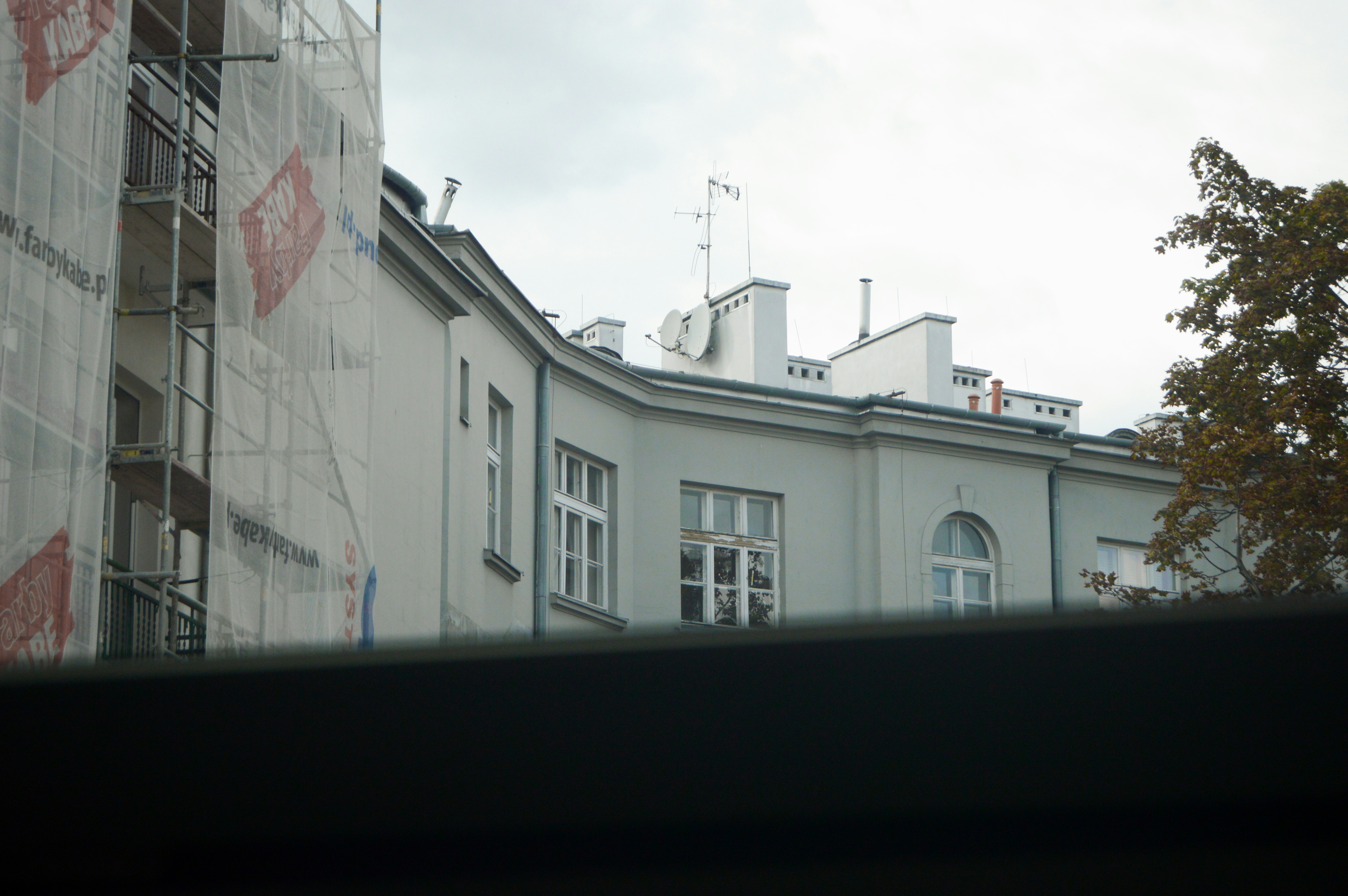 Historic building facade partially obscured by scaffolding, showcasing intricate architectural details and a backdrop of autumn foliage.