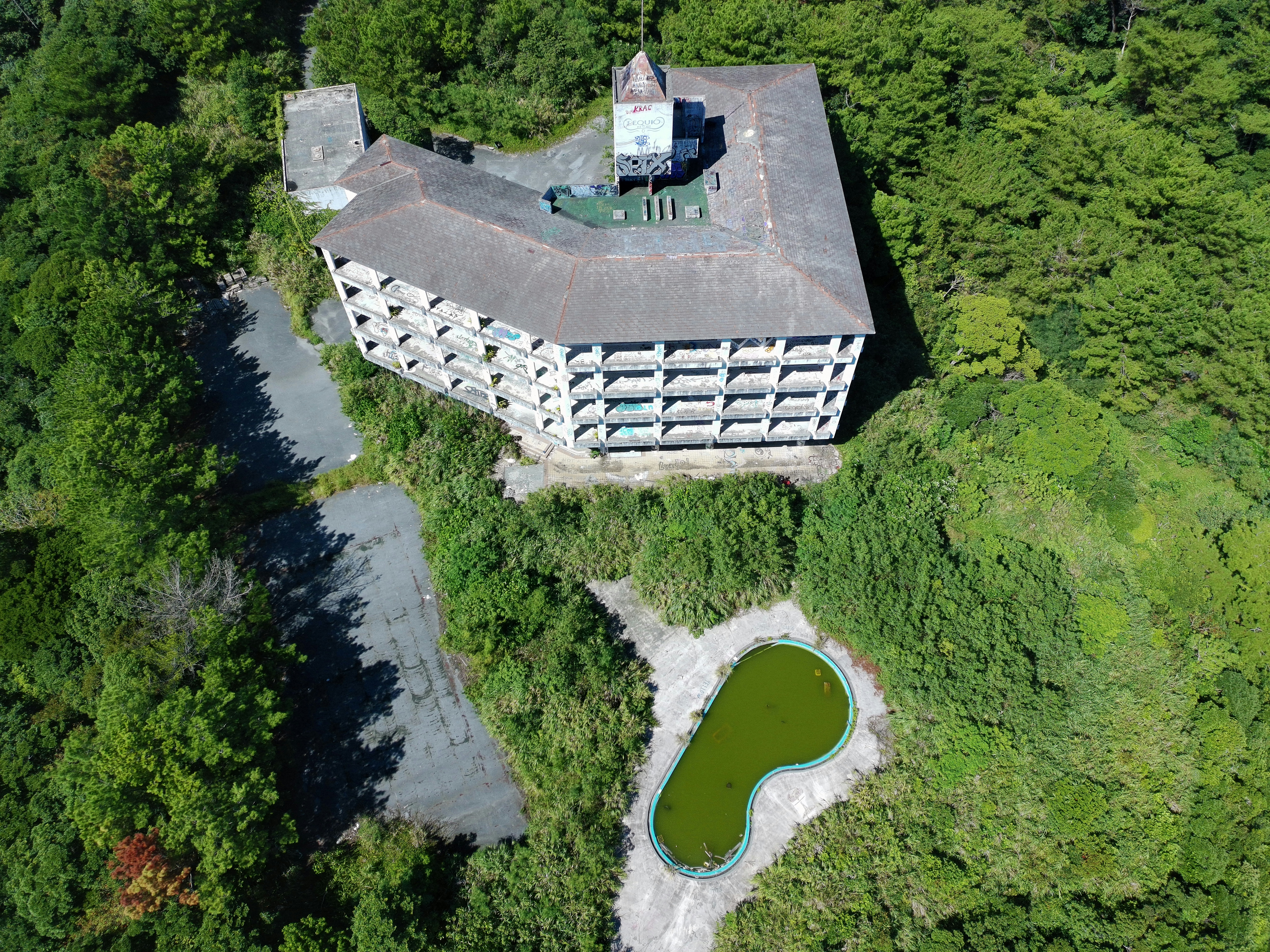 An aerial view of an abandoned building surrounded by lush greenery, featuring a dilapidated structure and a neglected pool. The scene evokes a sense of nostalgia and mystery.