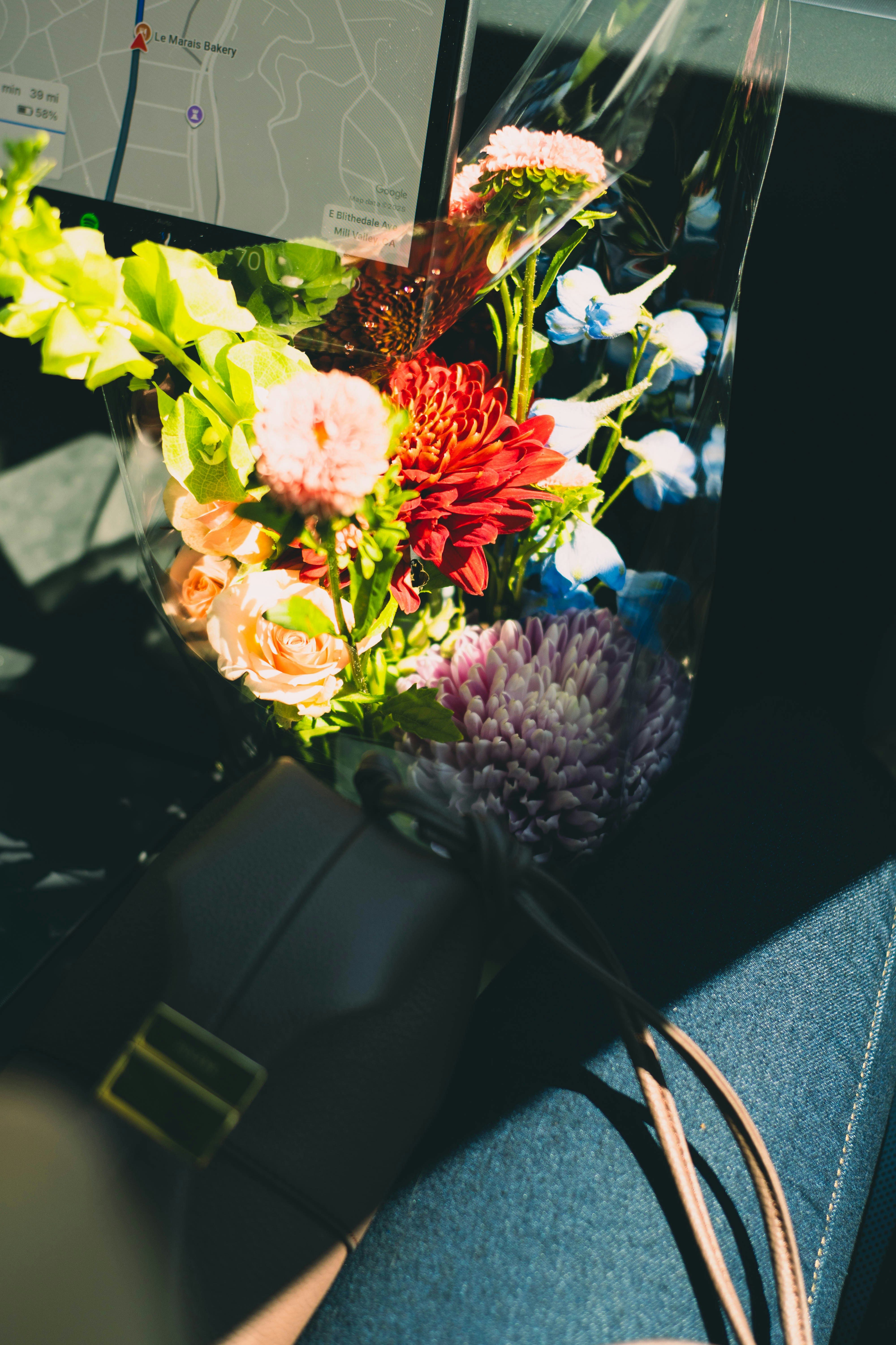 Chromatic Bouquet in a Glass Vase Framed by a Car Interior Map Glow