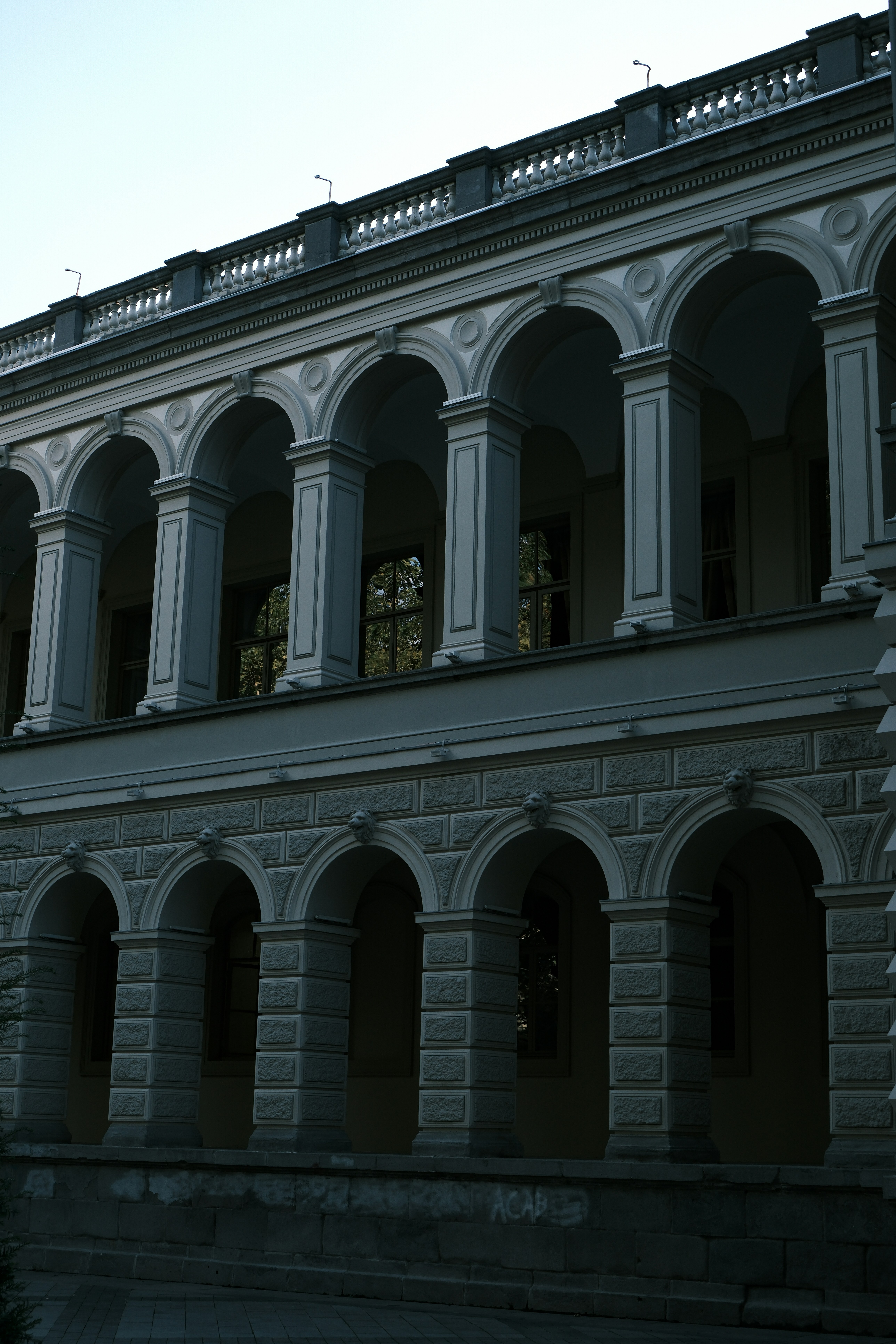Arched colonnade of a historic building facade