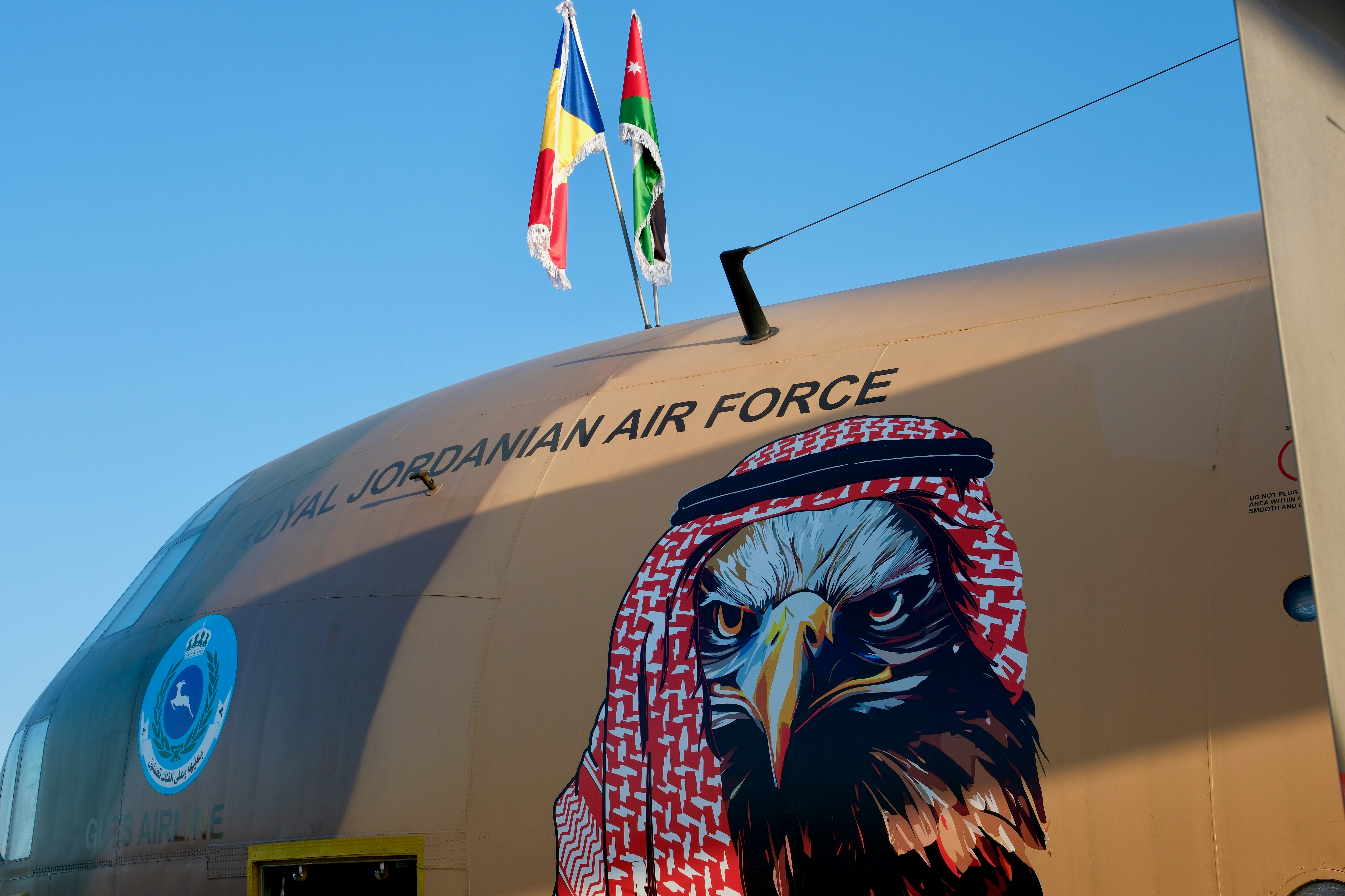 Vibrant artwork of a falcon adorned with traditional attire on the fuselage of a military aircraft, complemented by flags representing Jordan and other nations.