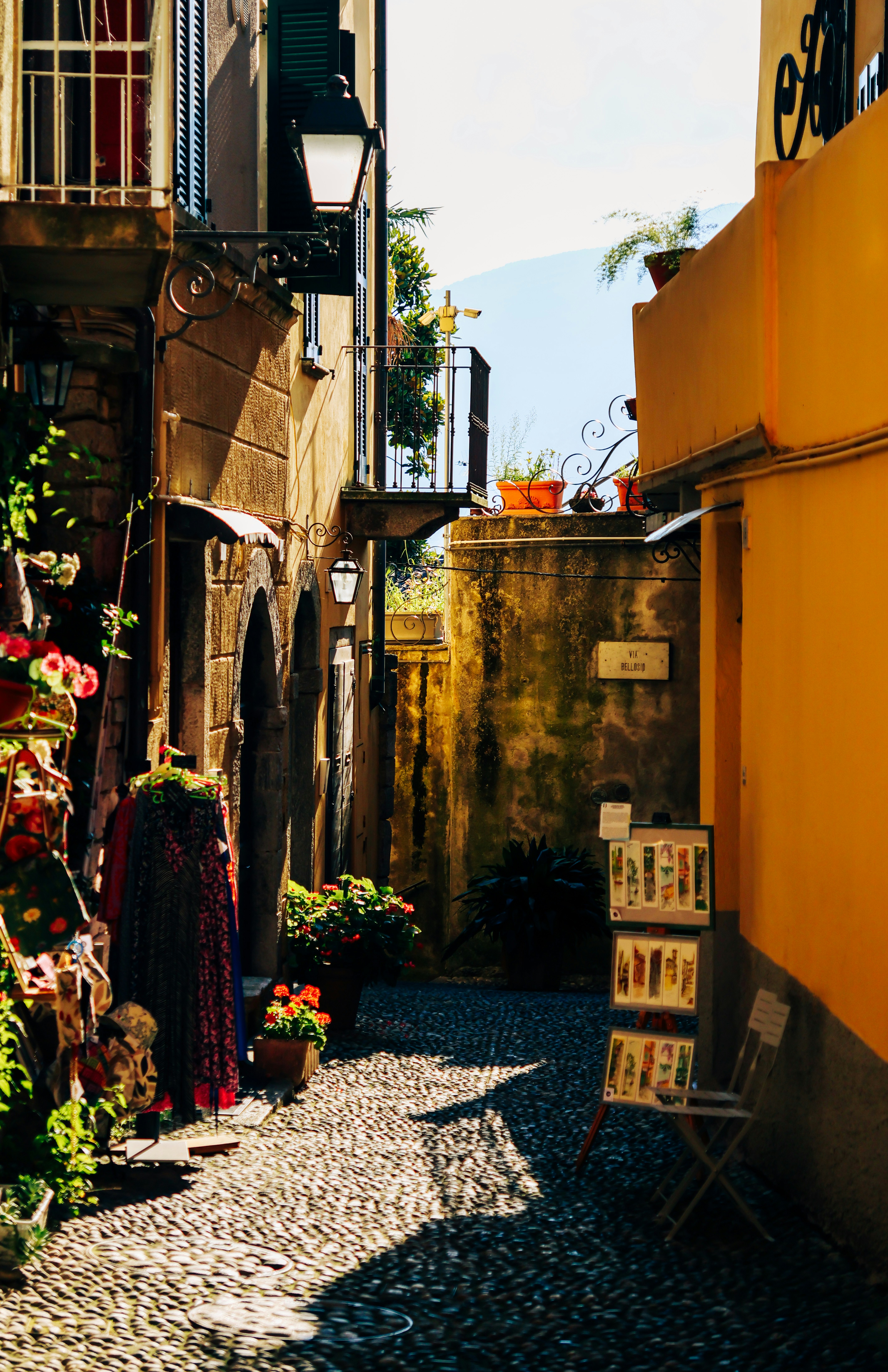 Narrow cobblestone street with shops and flowers.