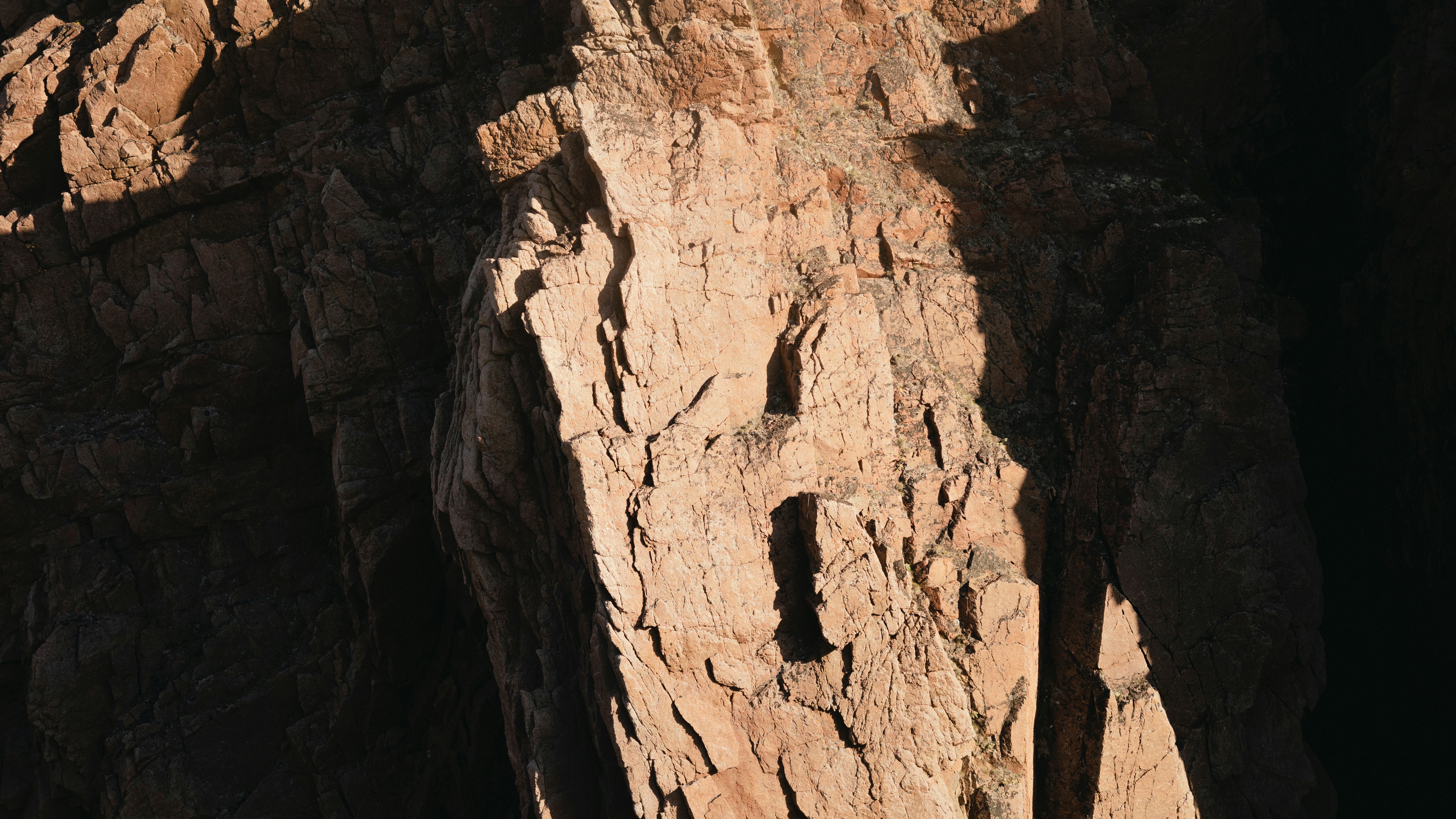 Close-up of a textured rock face with shadow