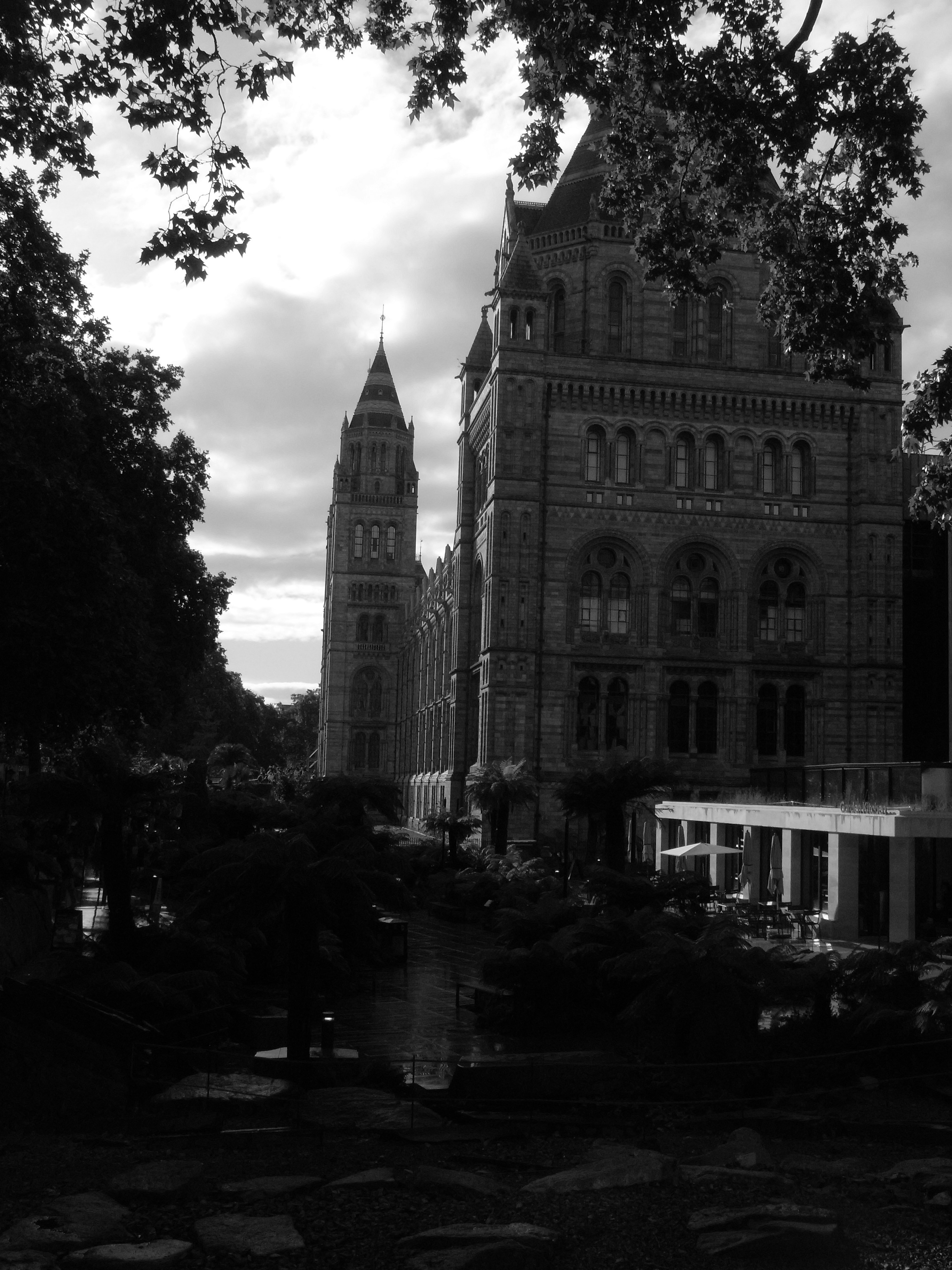 Historic building with intricate architecture and a clock tower, framed by lush foliage and a tranquil waterway.