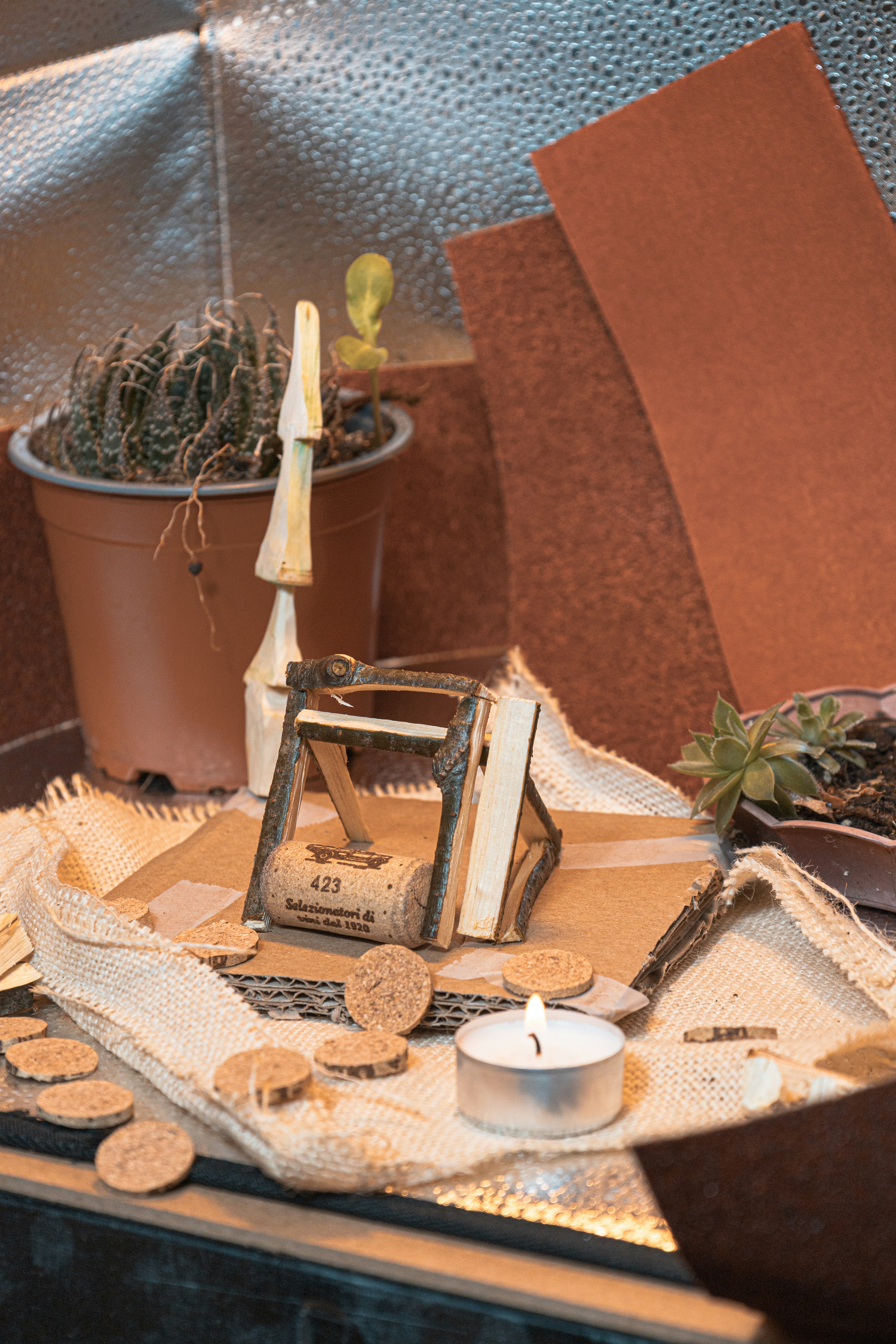Candlelit Coin Shrine on Burlap: A Quiet Miniature Ritual