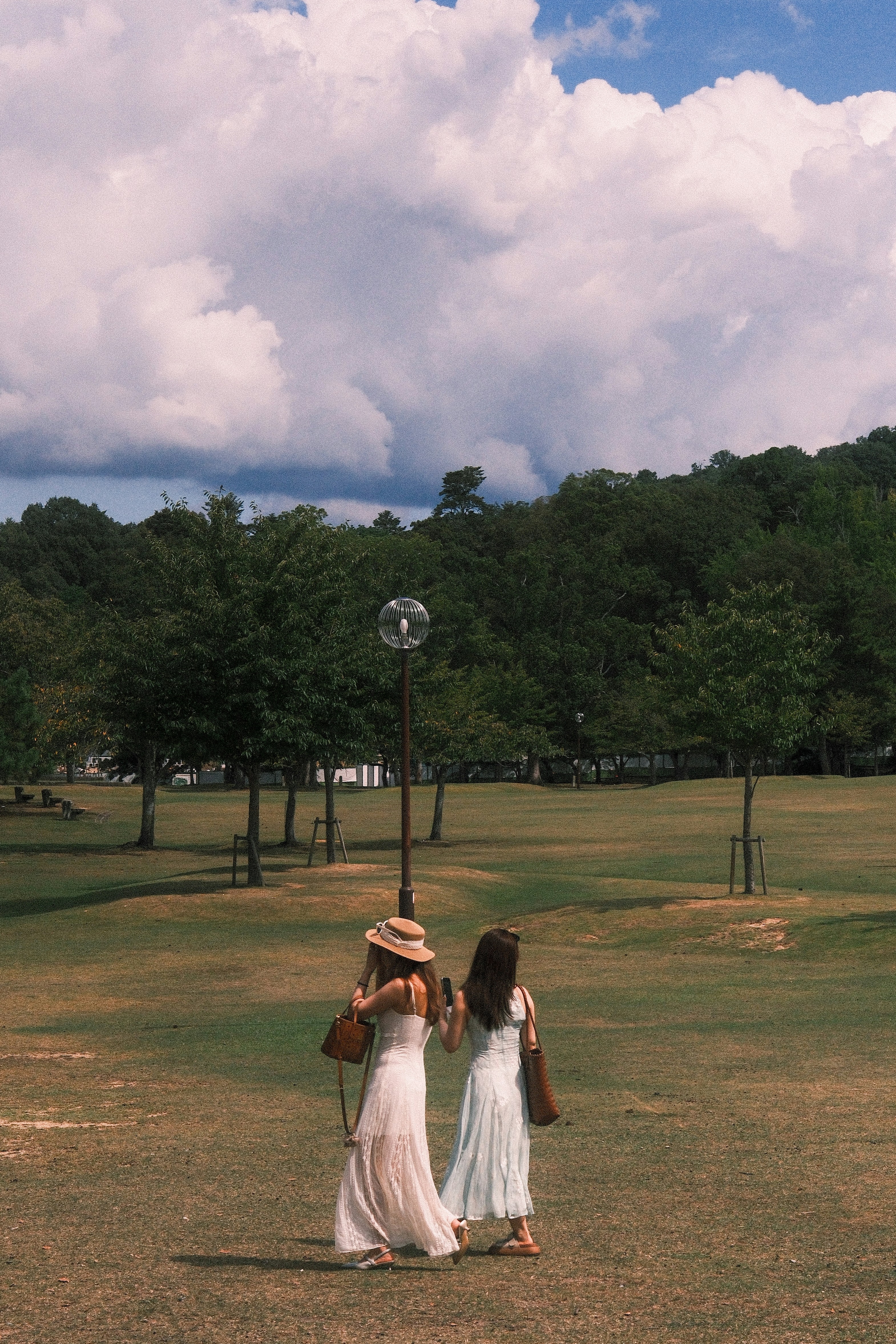 pretty dresses (2/2) | Two women walking in a grassy park with trees.
