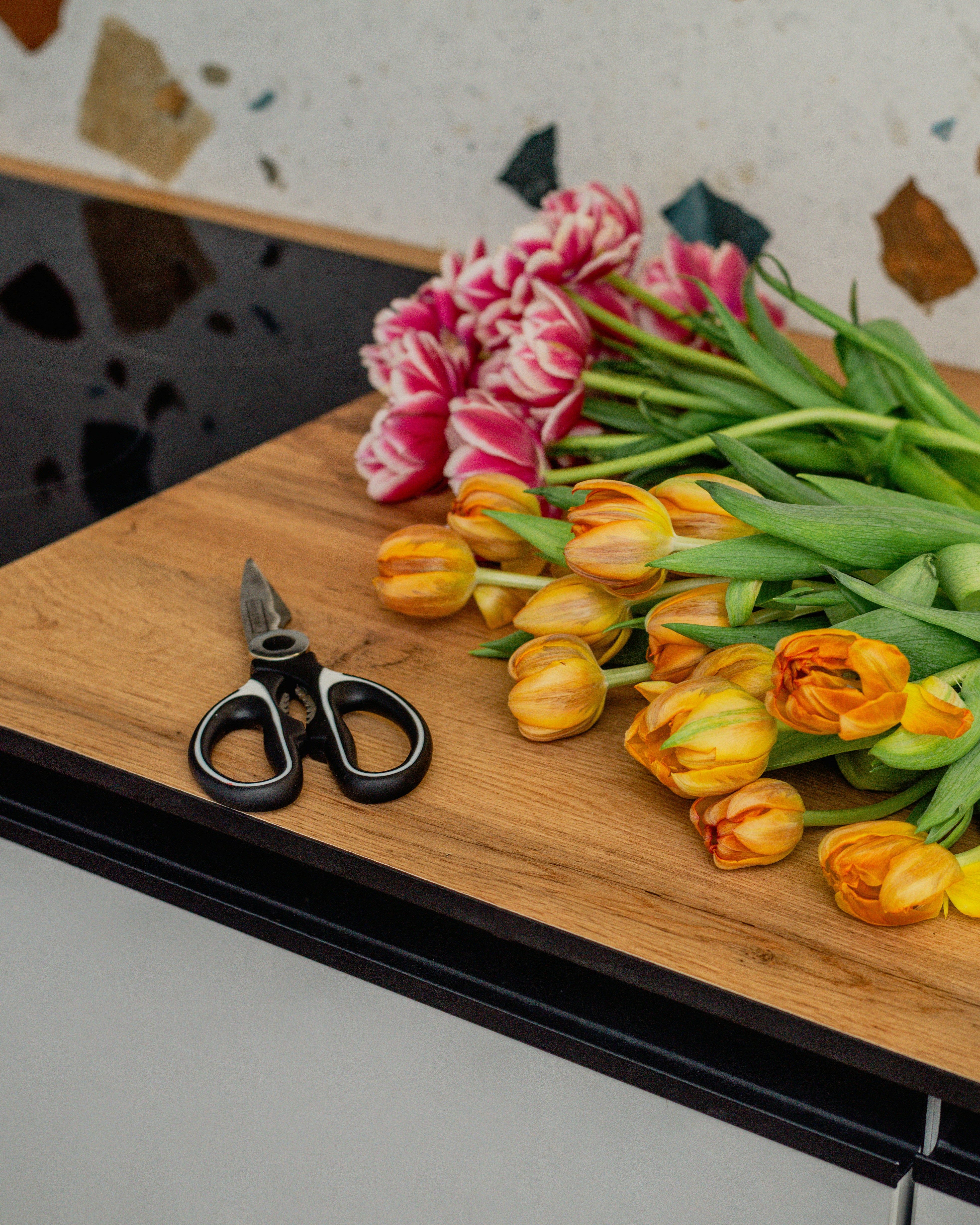 Tulips on a Wooden Stage: A Quiet Still-Life with Scissors