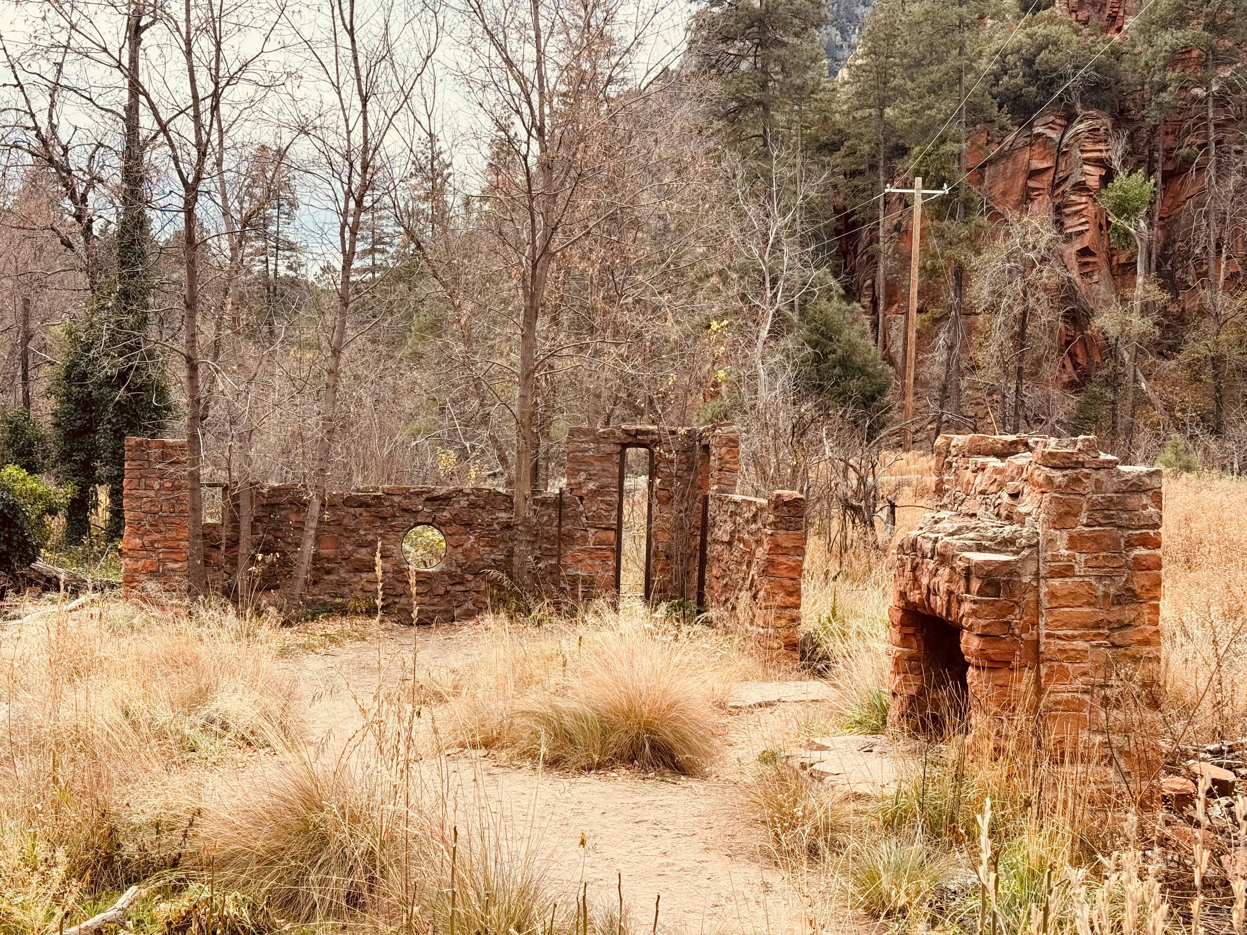 Ruined brick building with a fireplace in dry grass.