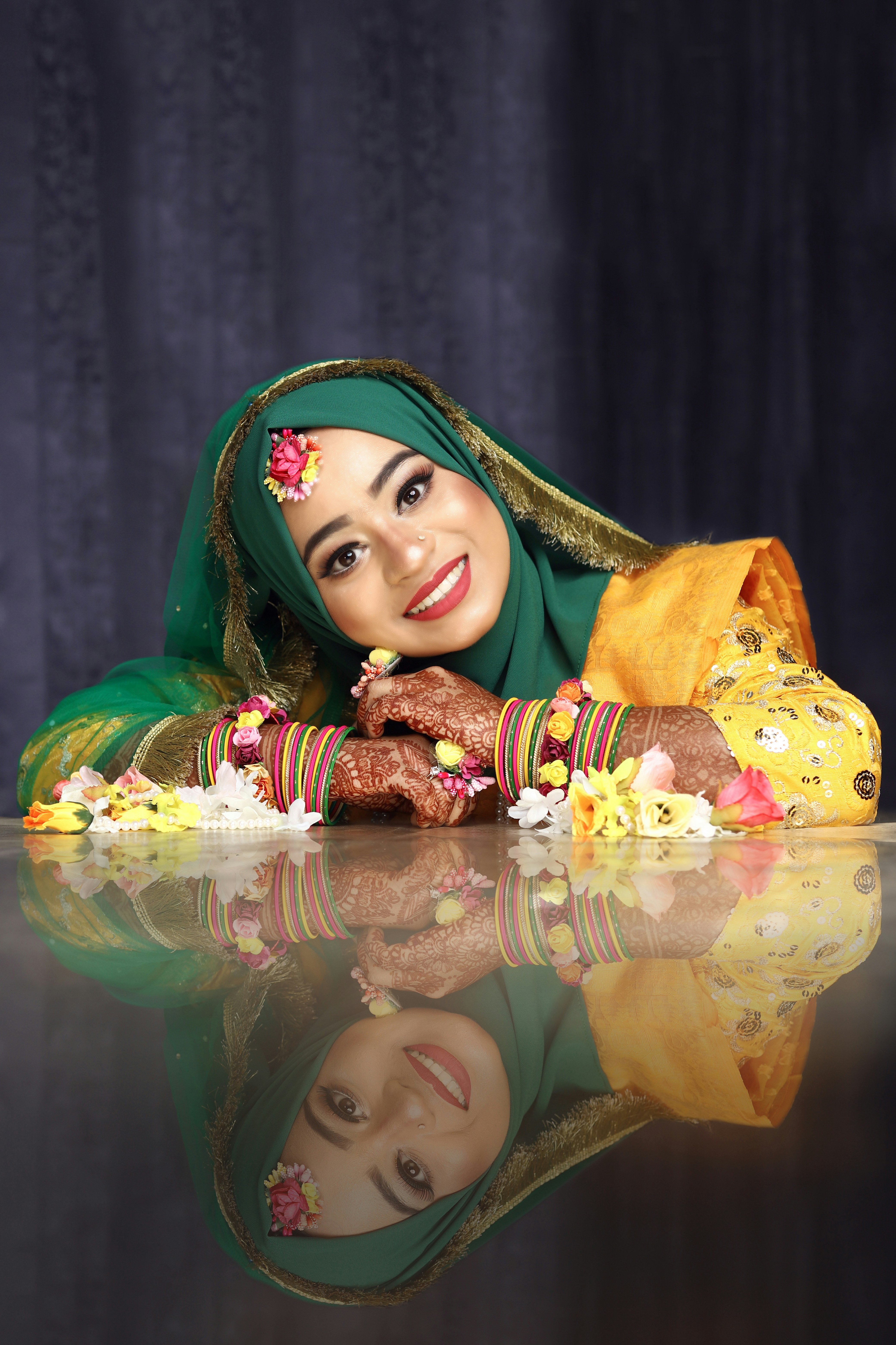 Emerald Veil, Golden Threads: A Luminous Bridal Portrait on a Reflective Stage