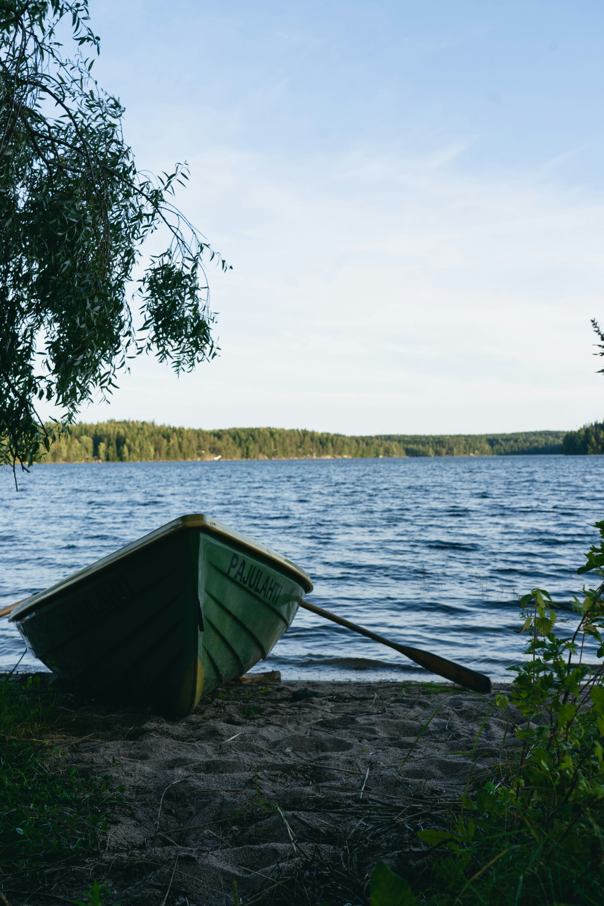 Green rowboat rests on a sandy shore near lake.