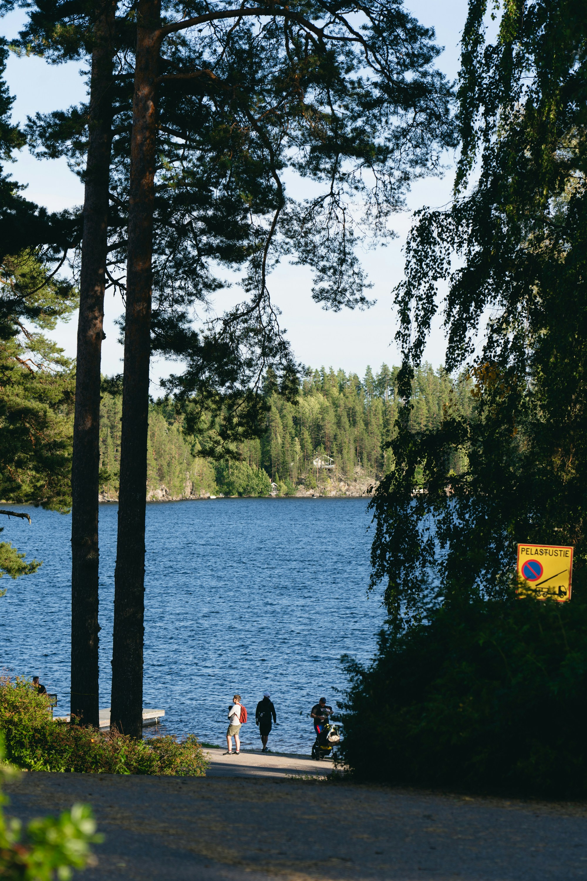 People by a blue lake surrounded by trees.