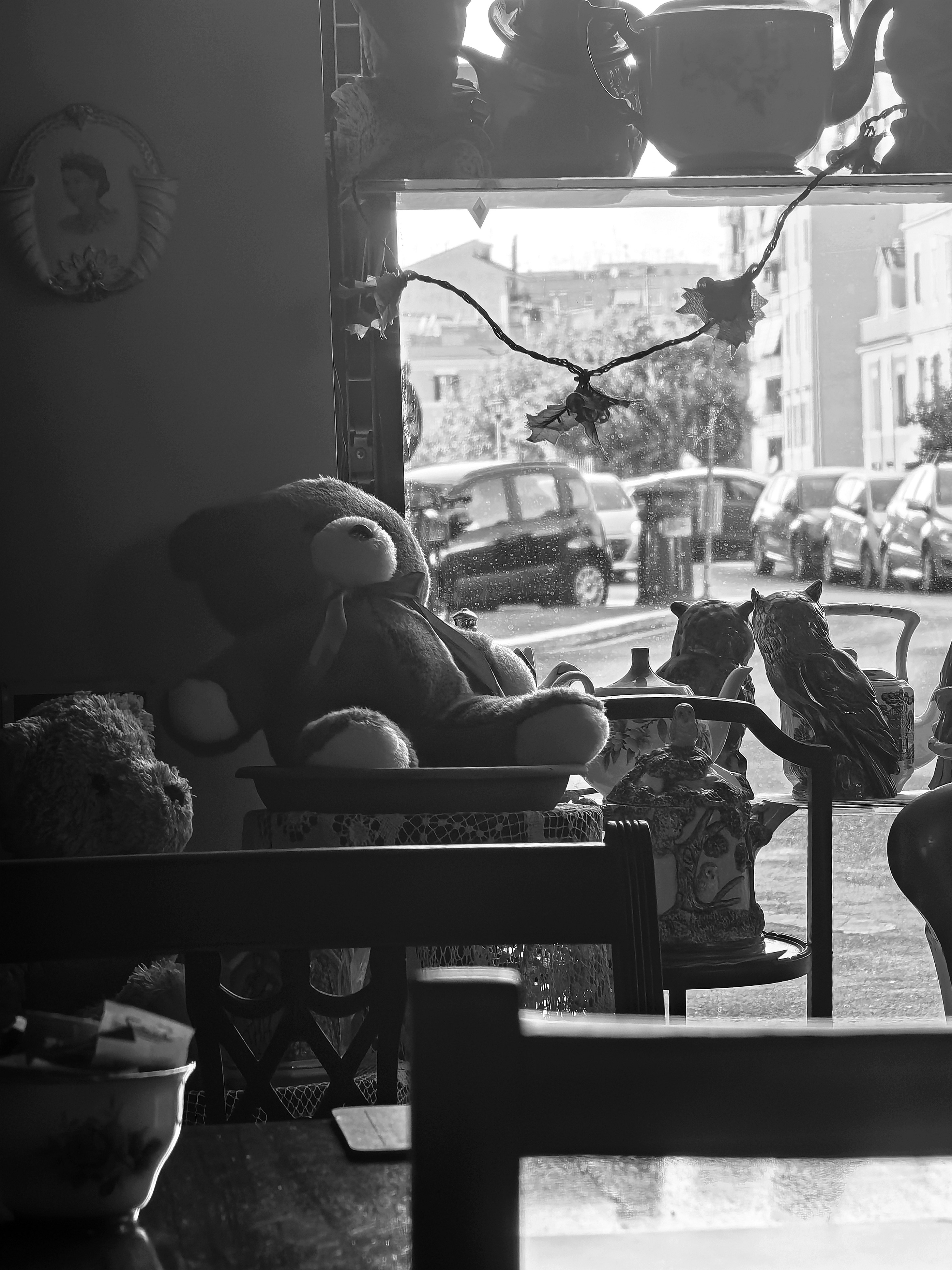 Teddy bear and owls on shelf, street view outside.