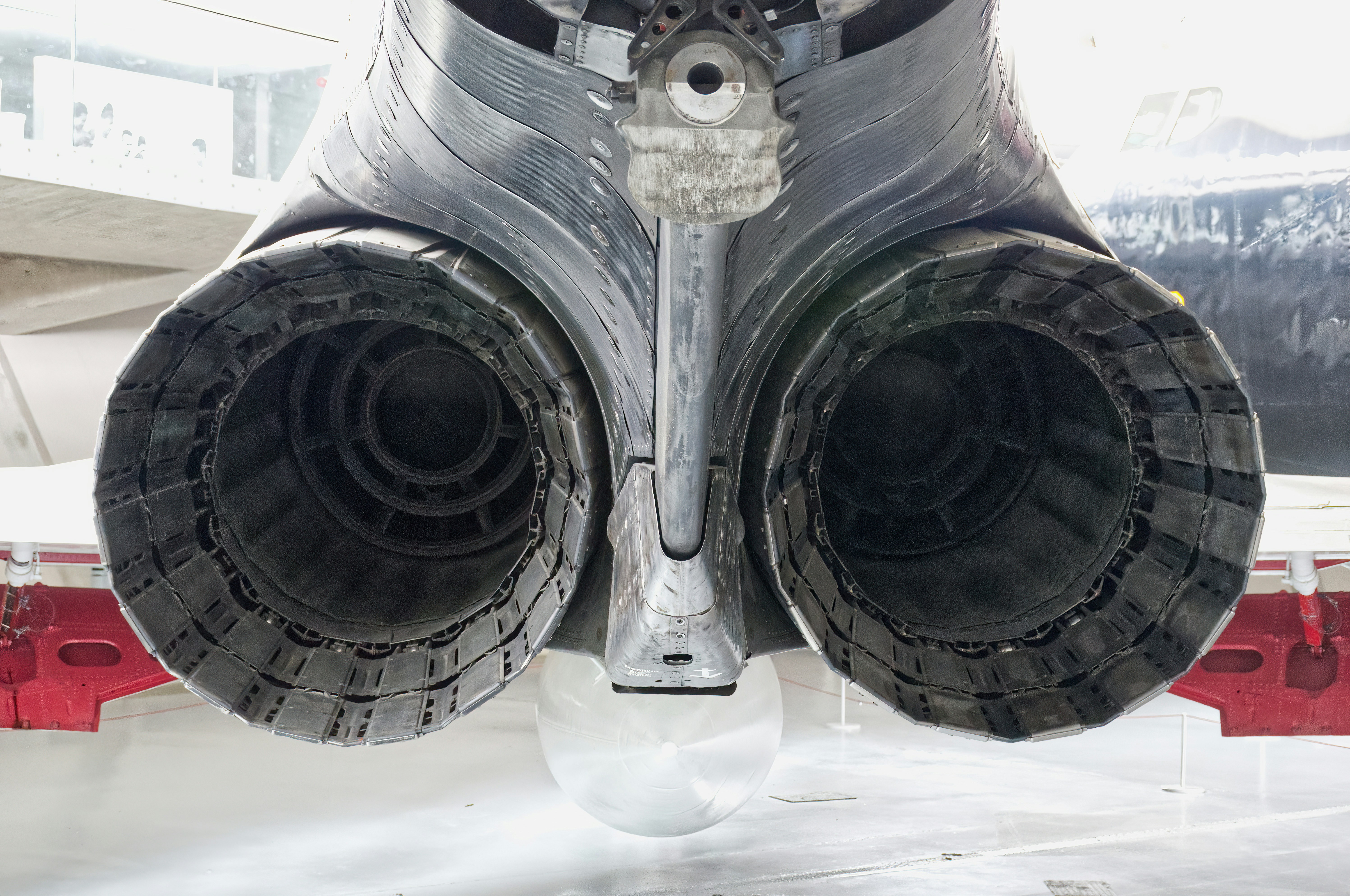Engine exhaust ports, | Rear view of twin jet engines on aircraft