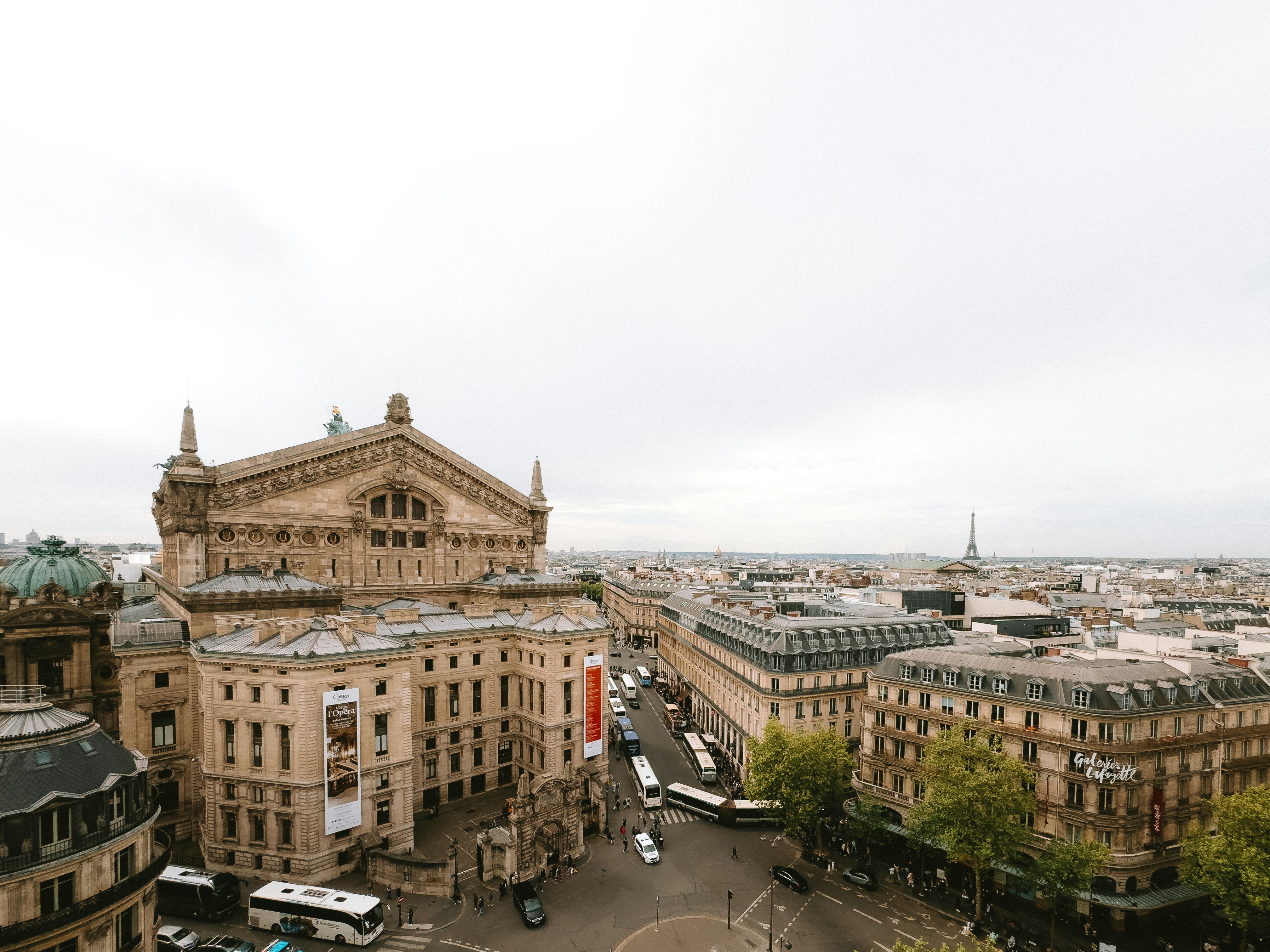 Paris opera house and cityscape with cloudy sky