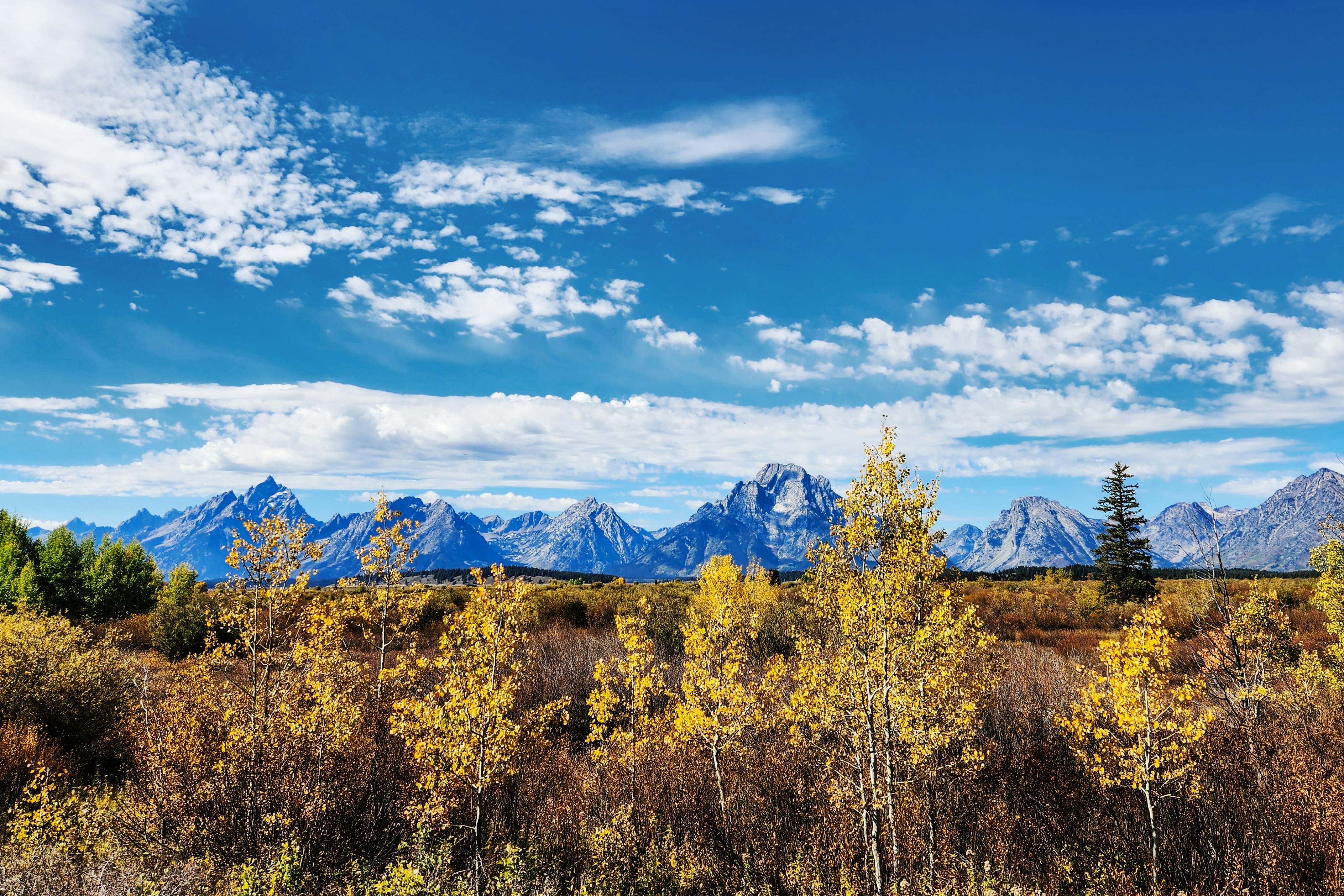 Autumn Aspens Framing a Crisp Alpine Ridge Under a Bright Azure Sky