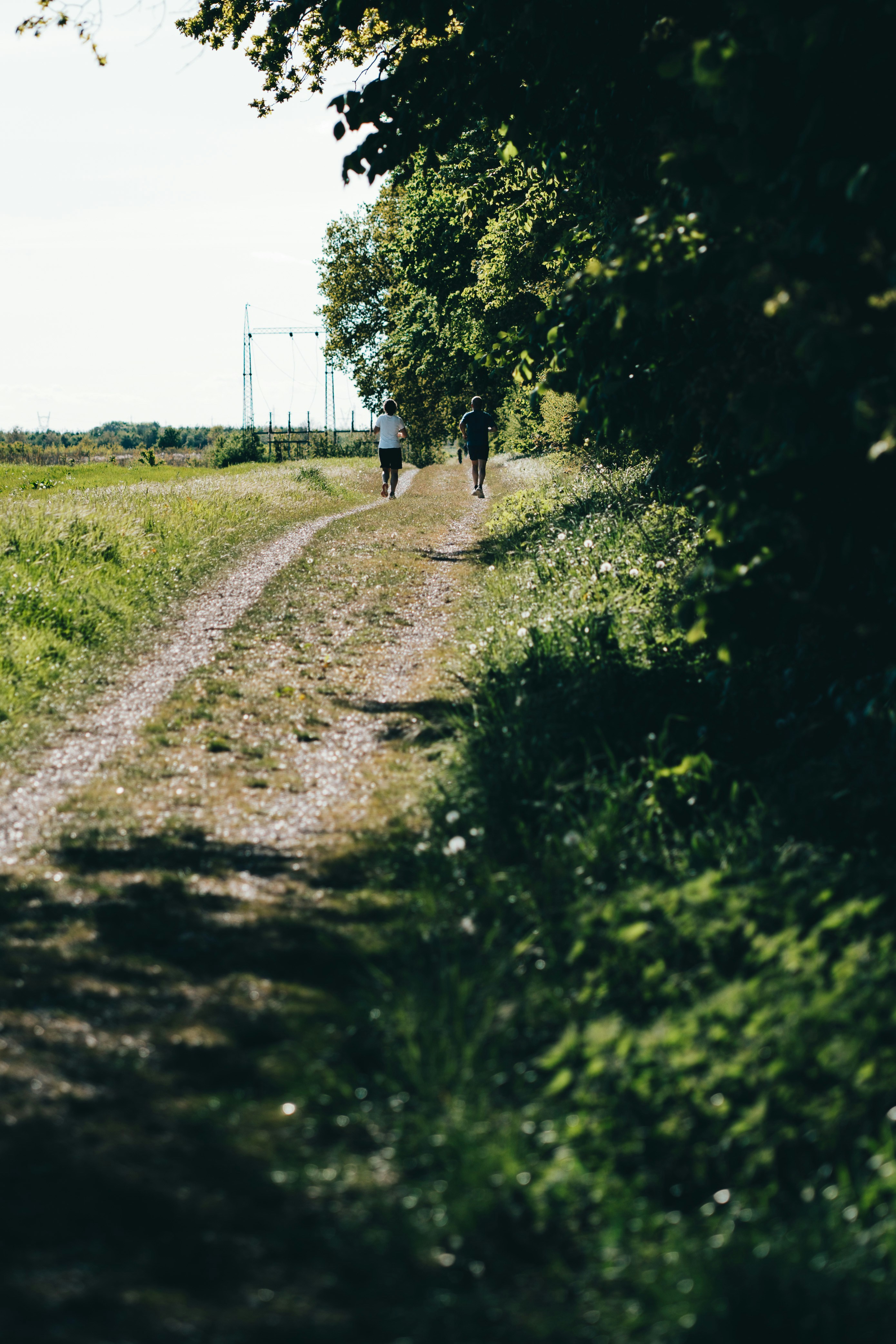 Two people walk on a gravel path through a field.