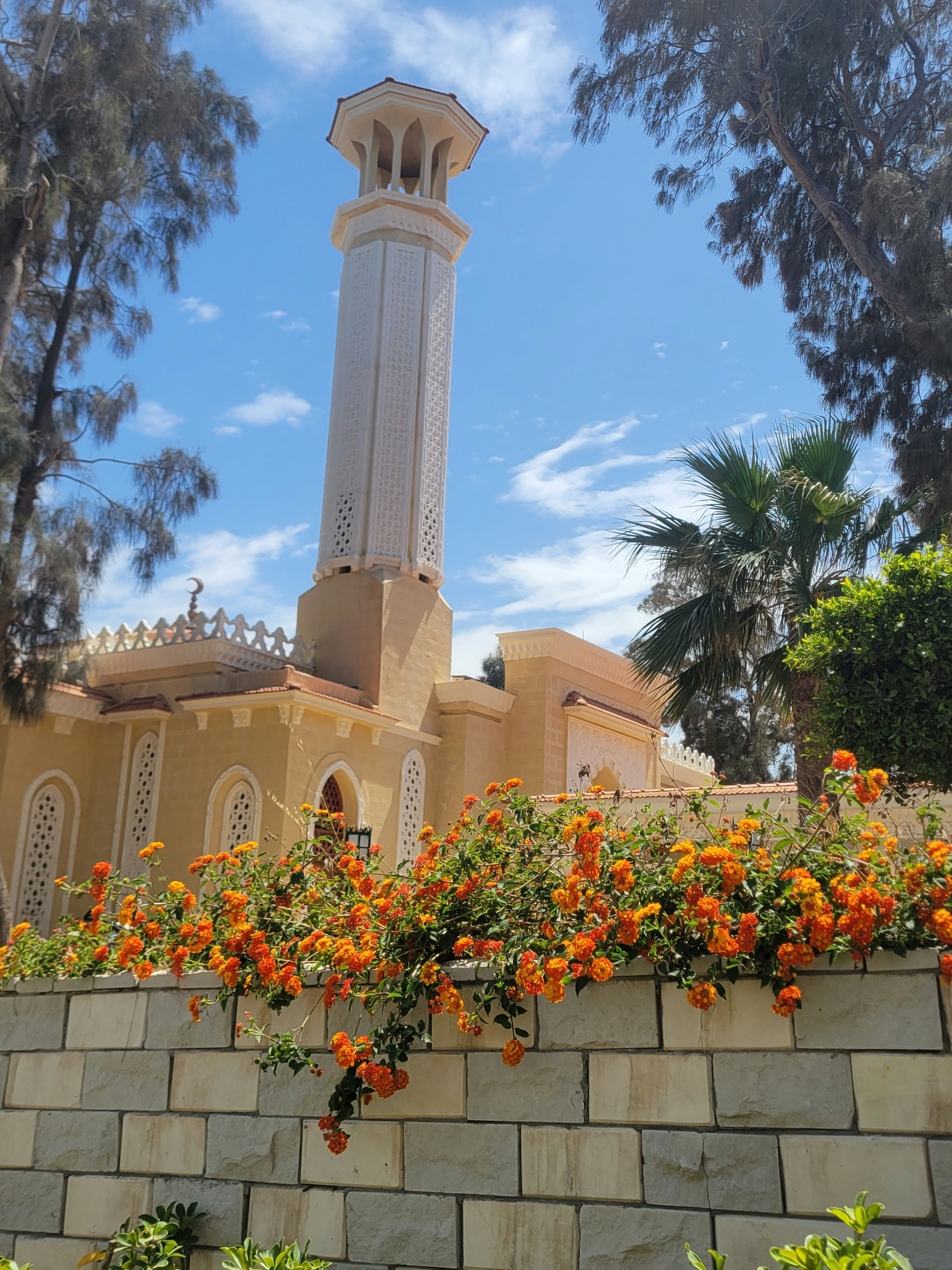 Mosque, Cairo, Egypt | Mosque with a tall minaret and blooming flowers