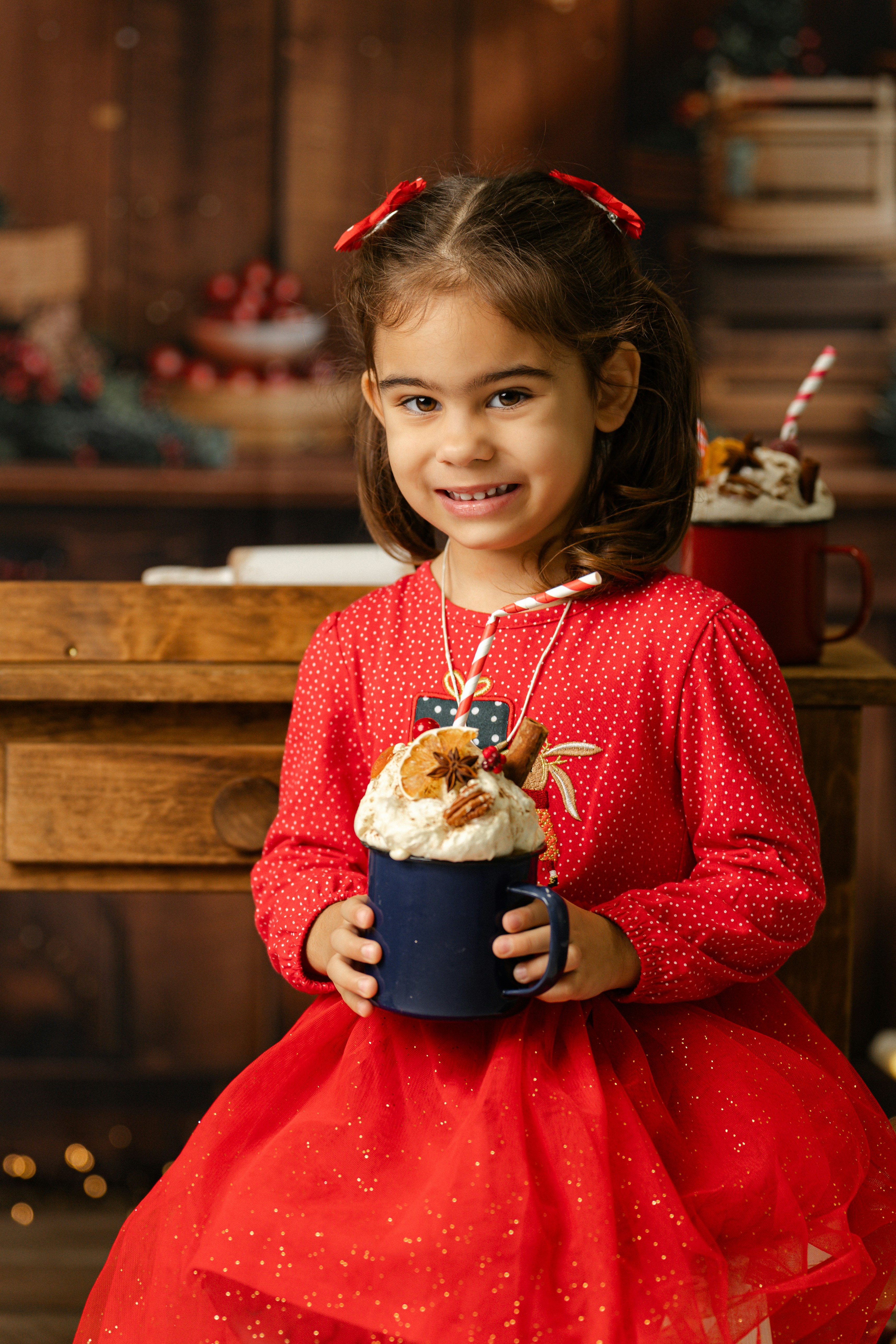 Winter Whimsy in Red: A Festive Moment with Cocoa and Cream