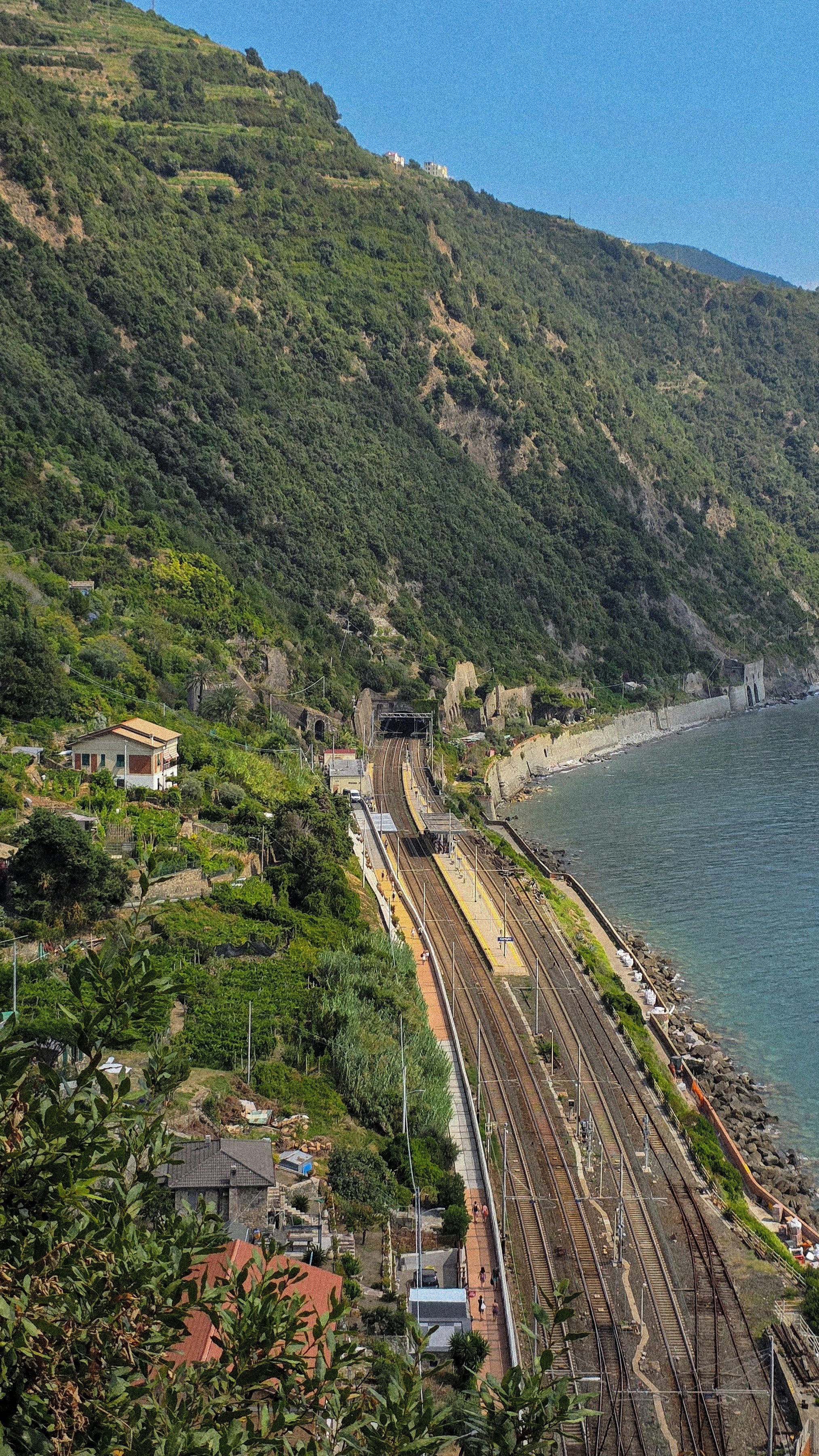 Train tracks run along the coast by a green hillside.