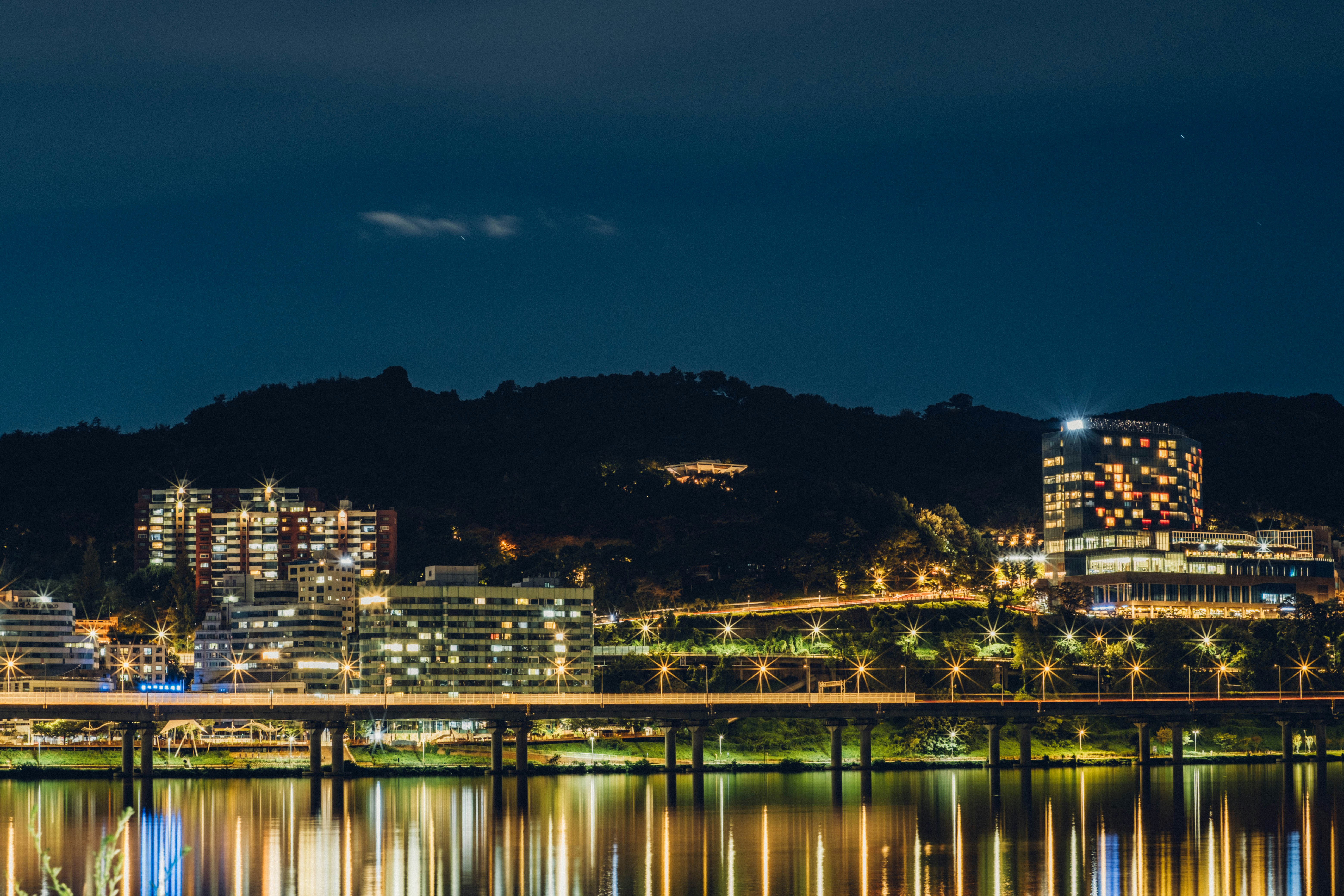 City skyline with river reflections at night