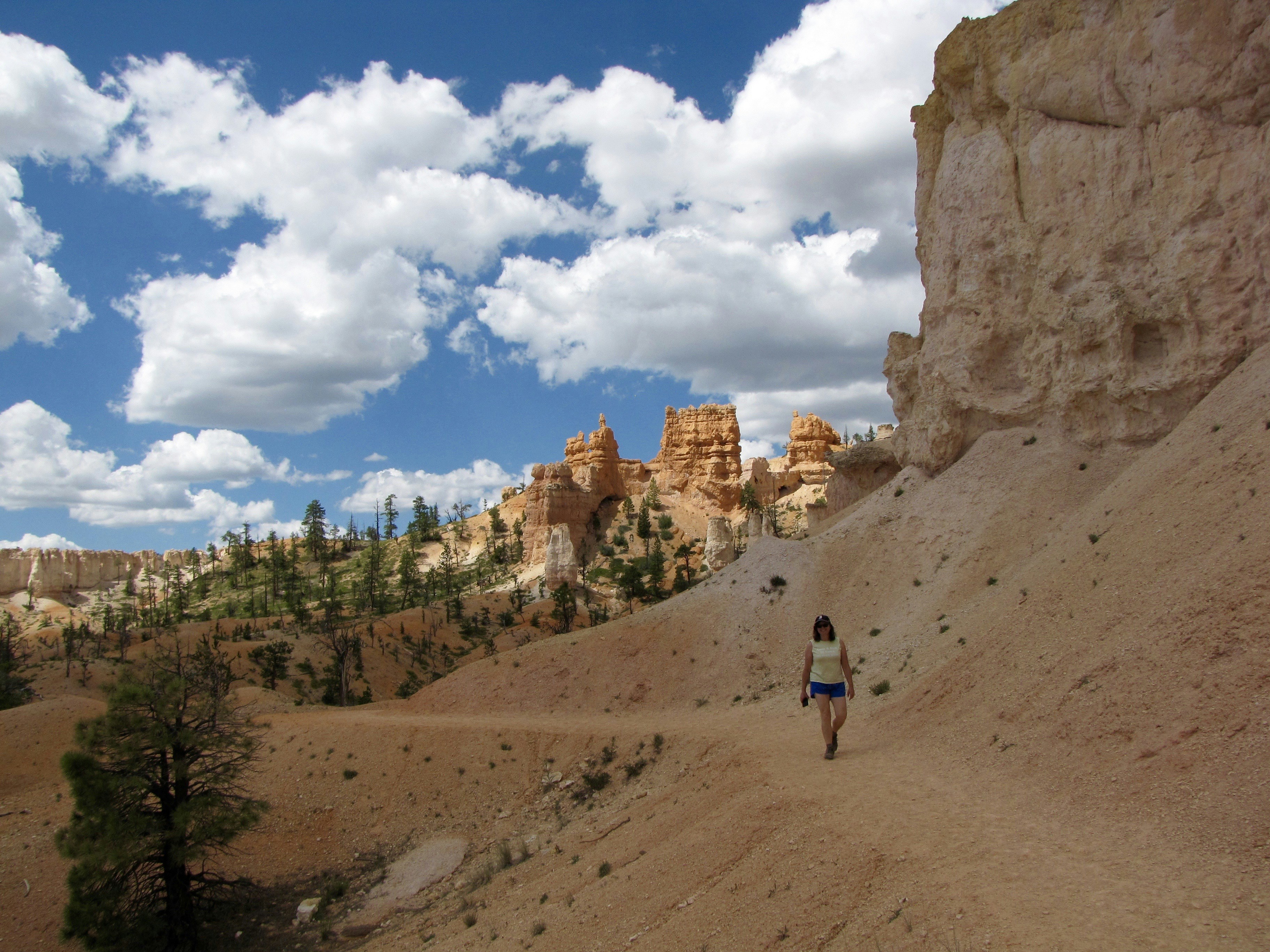 Hiker traversing a winding path through unique rock formations under a dramatic sky filled with fluffy clouds.