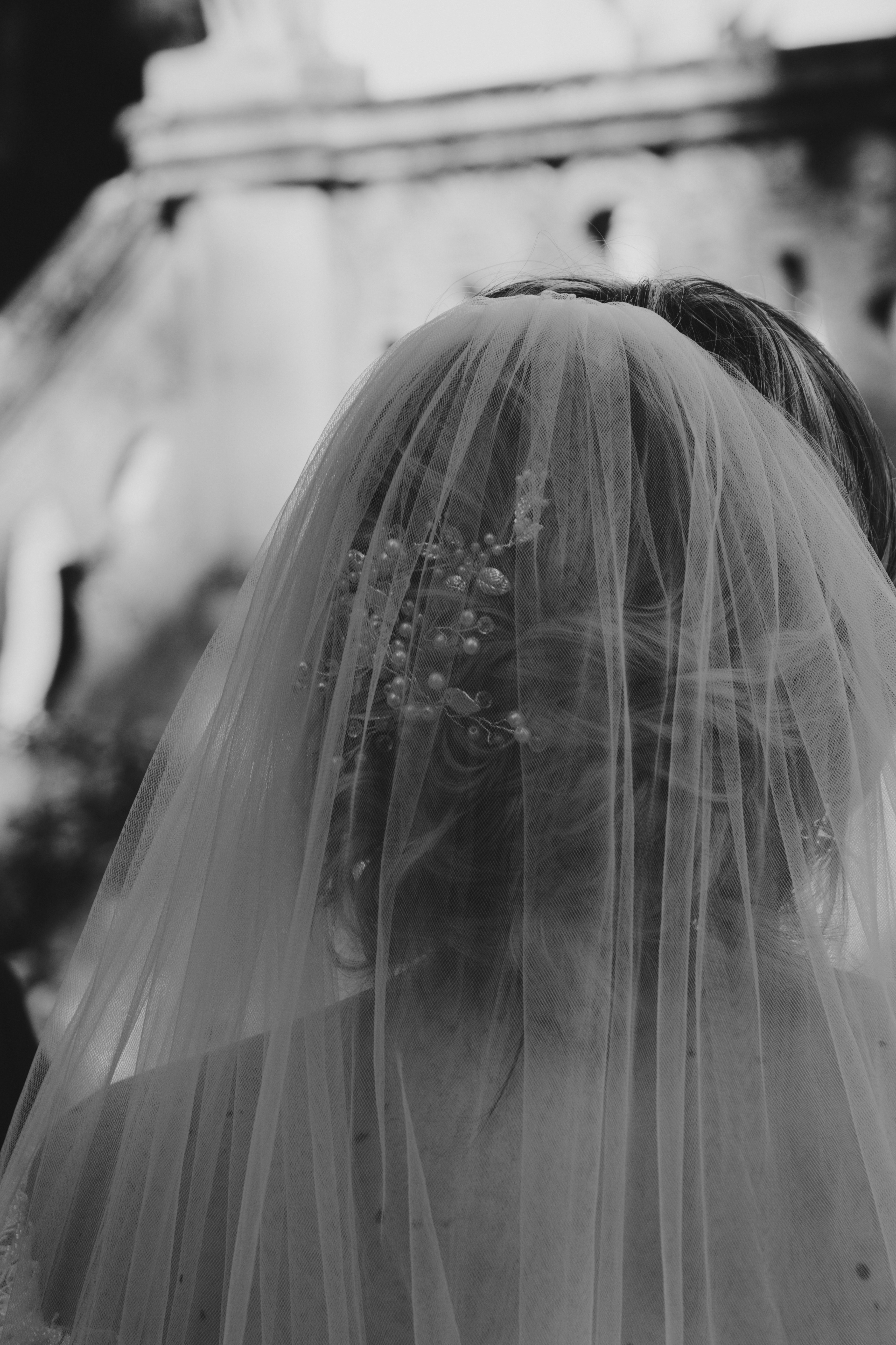 Bride's back with veil and decorative hairpiece.