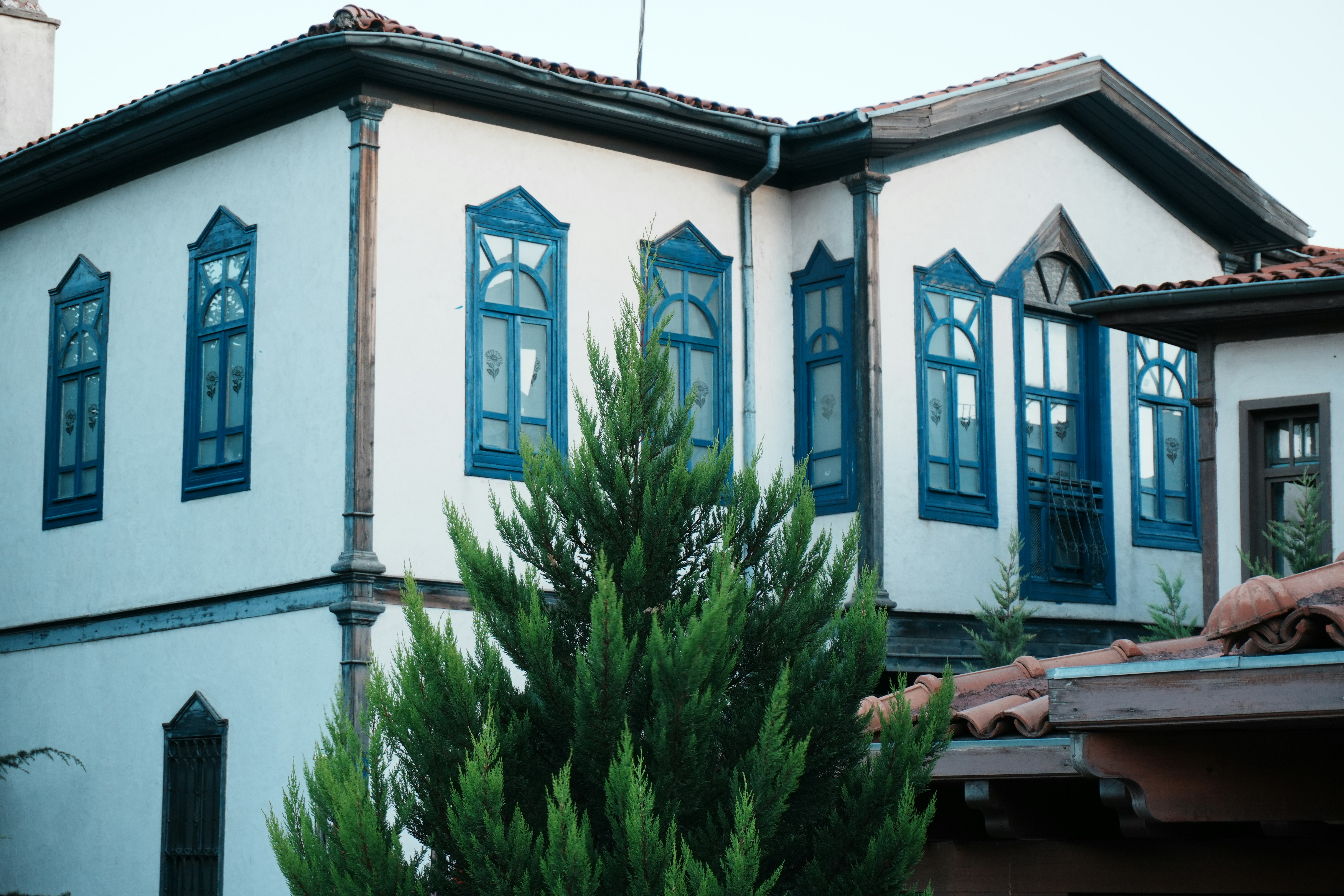 Historic building with striking blue windows surrounded by lush greenery, showcasing a blend of traditional and modern design elements.
