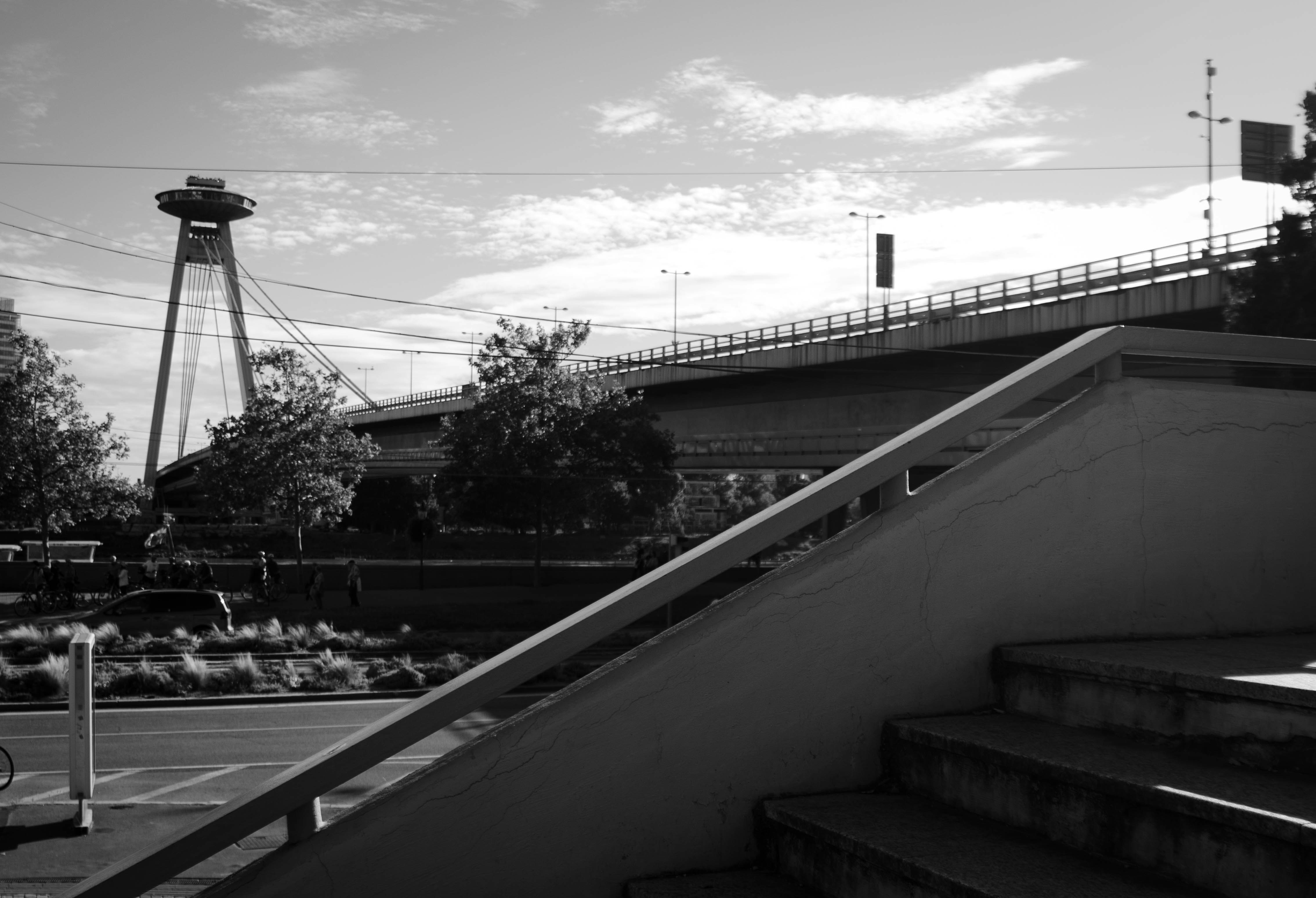 A bridge and tower structure in black and white.
