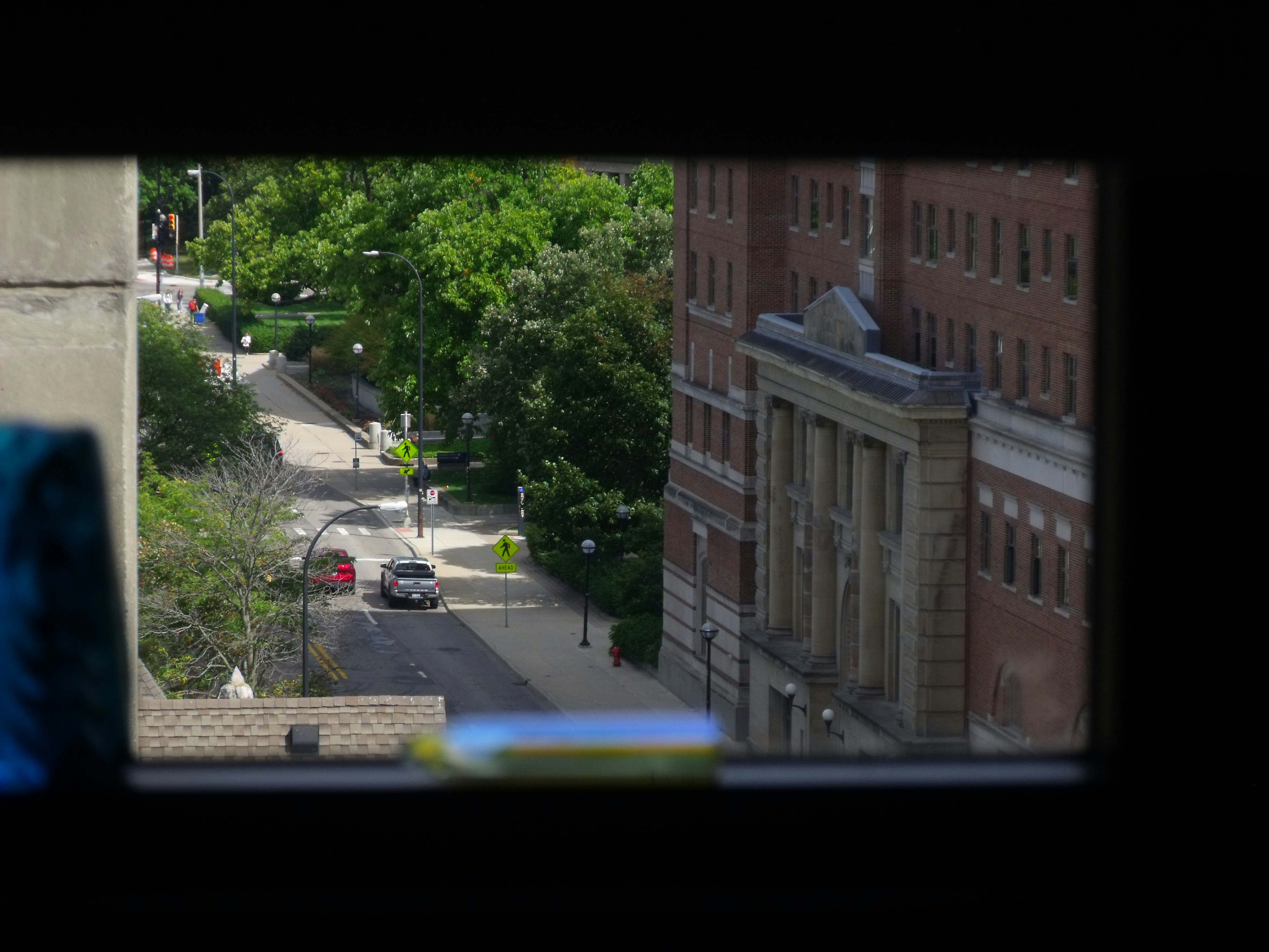 View of a city street with buildings and trees.