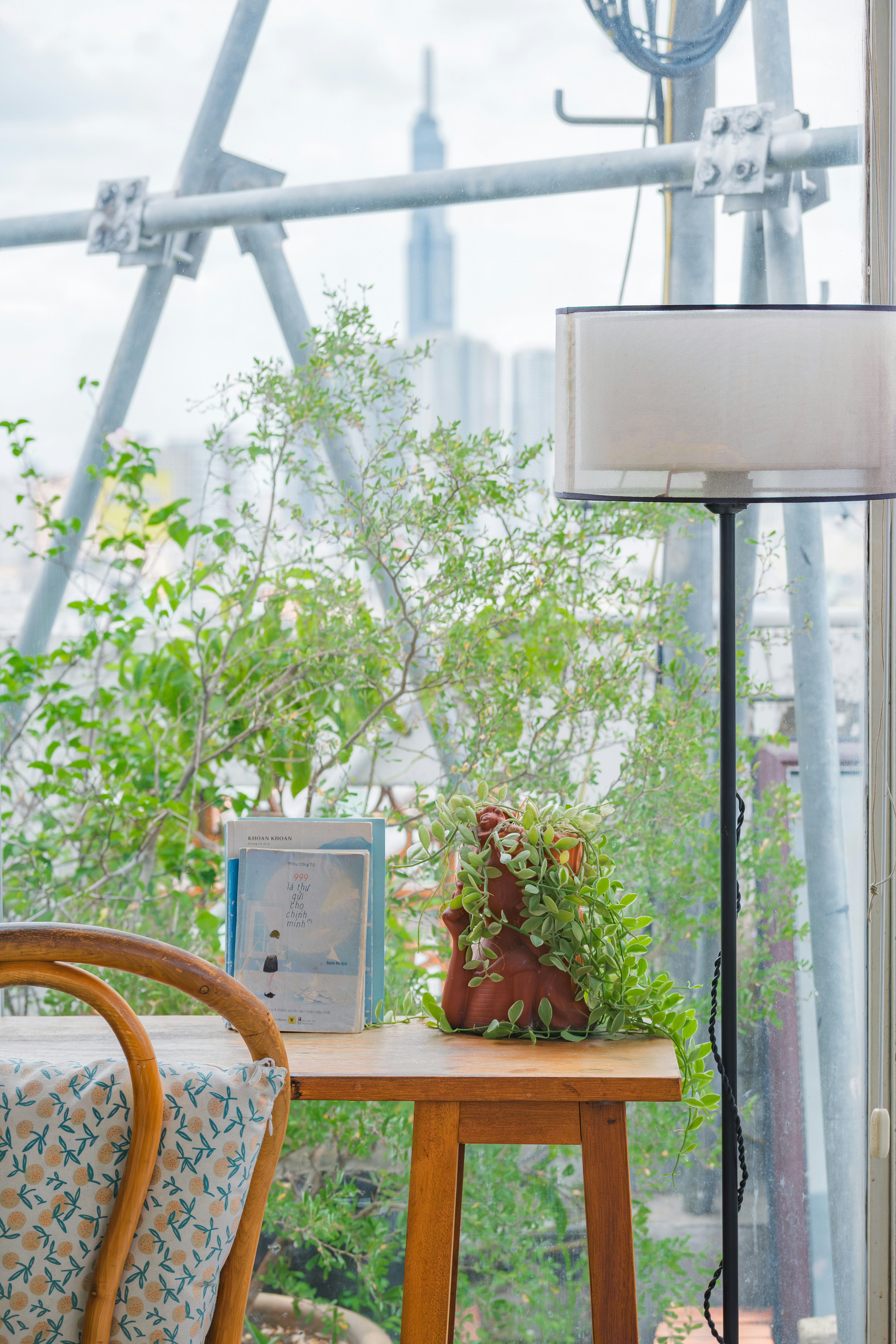 Floor lamp and plants by the window with city view