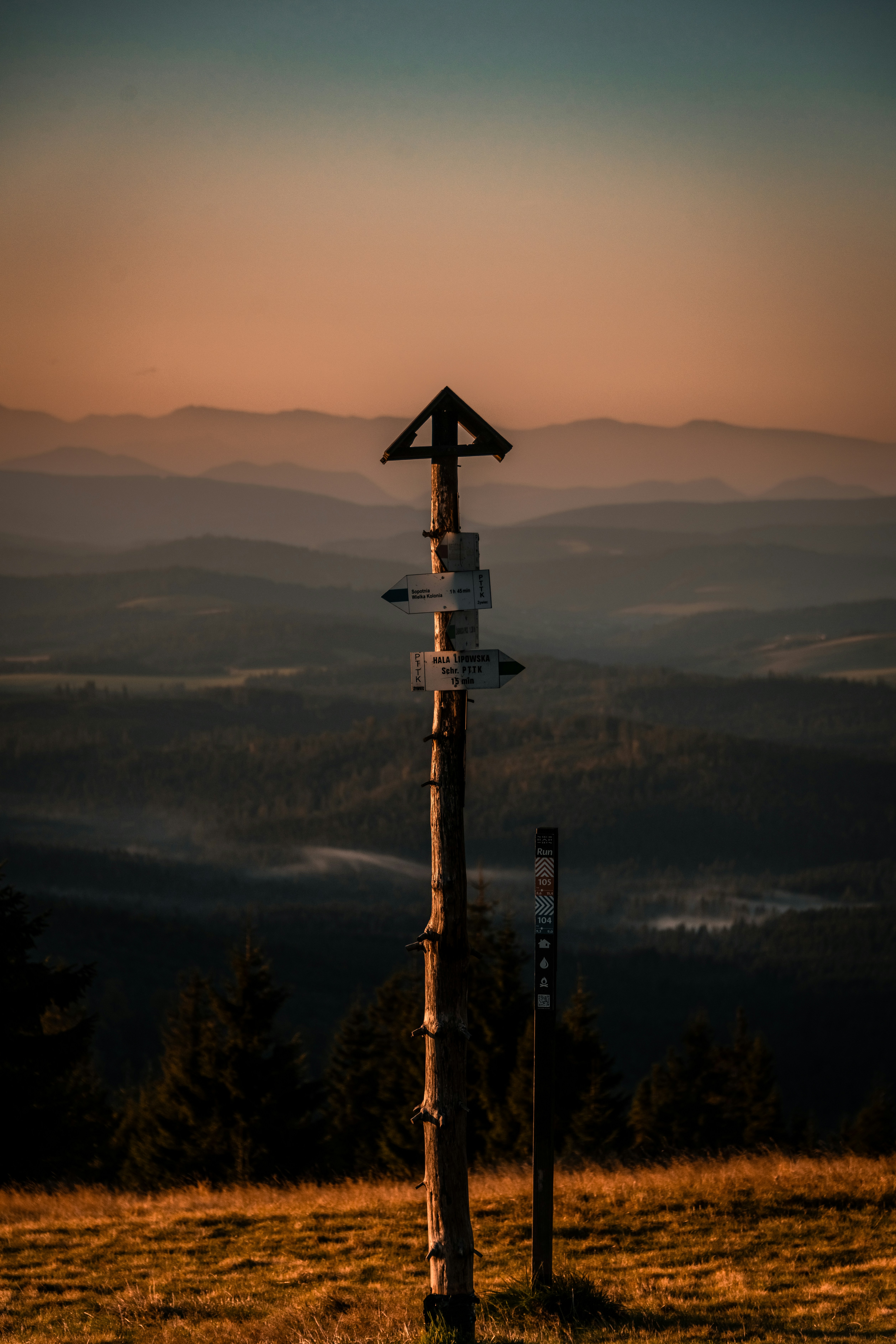 Wooden signpost in misty mountain landscape at sunset