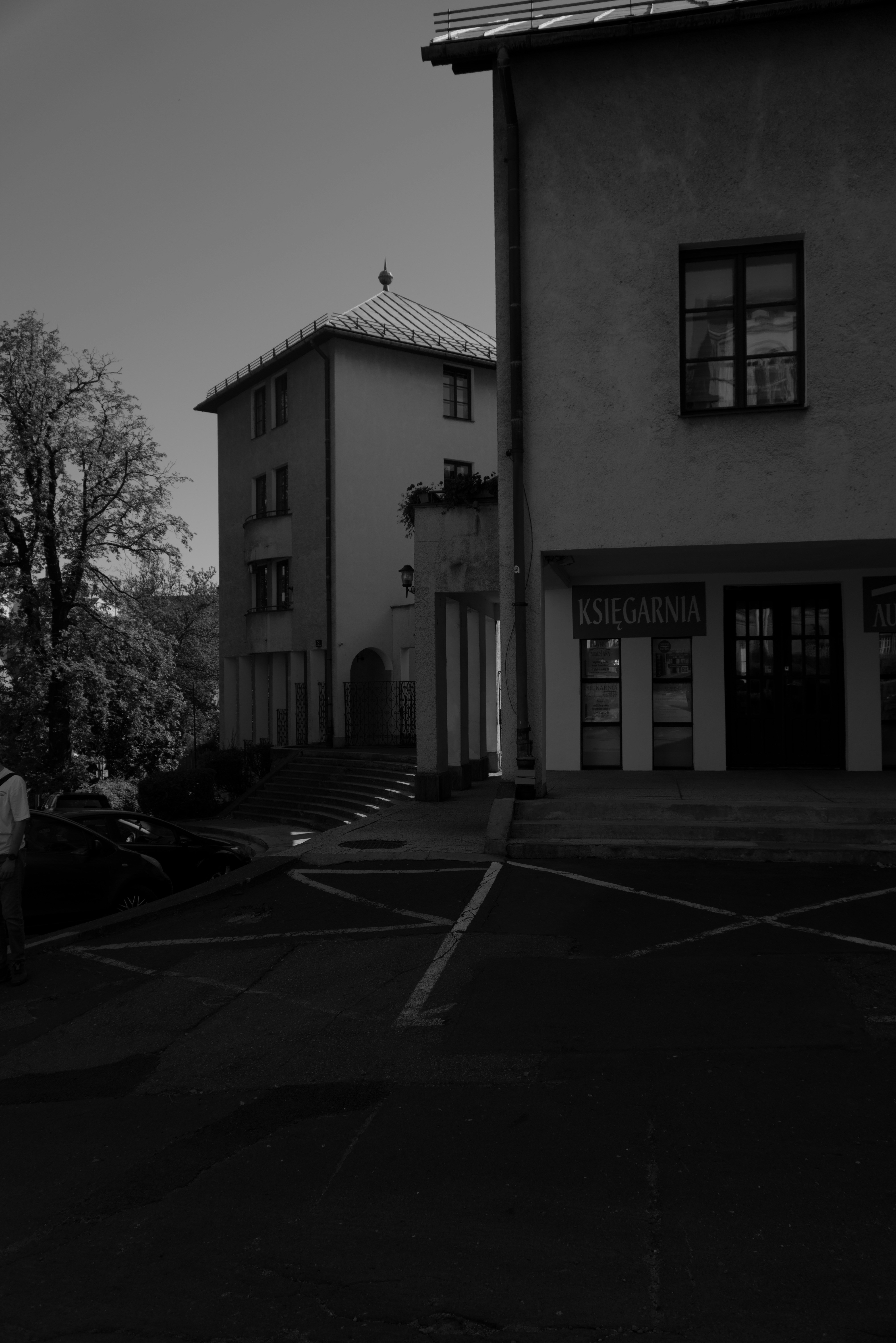 Buildings and trees in a town square.