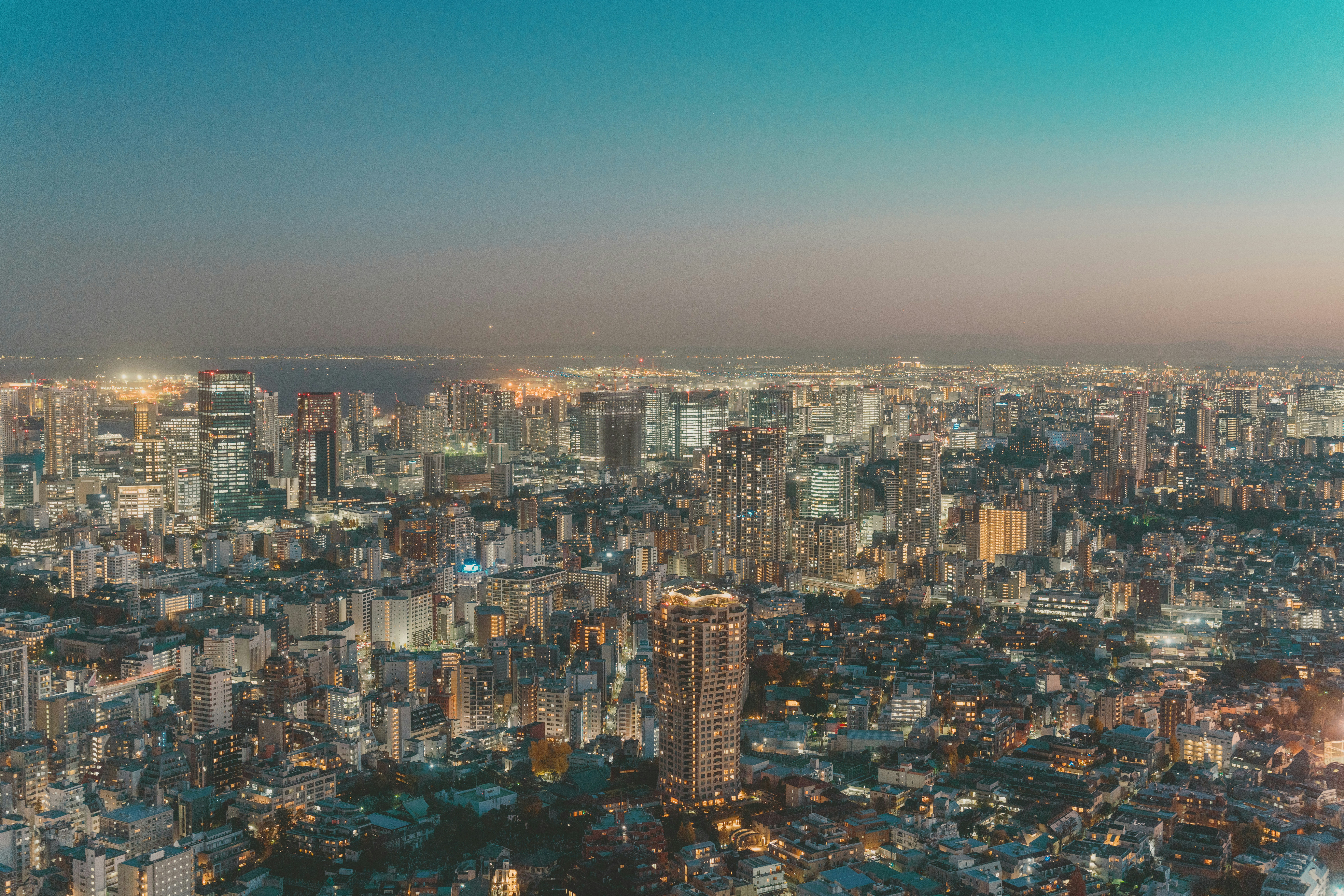 Vast cityscape at twilight showcasing a blend of modern skyscrapers and intricate neighborhoods. The scene captures the vibrant pulse of urban life.