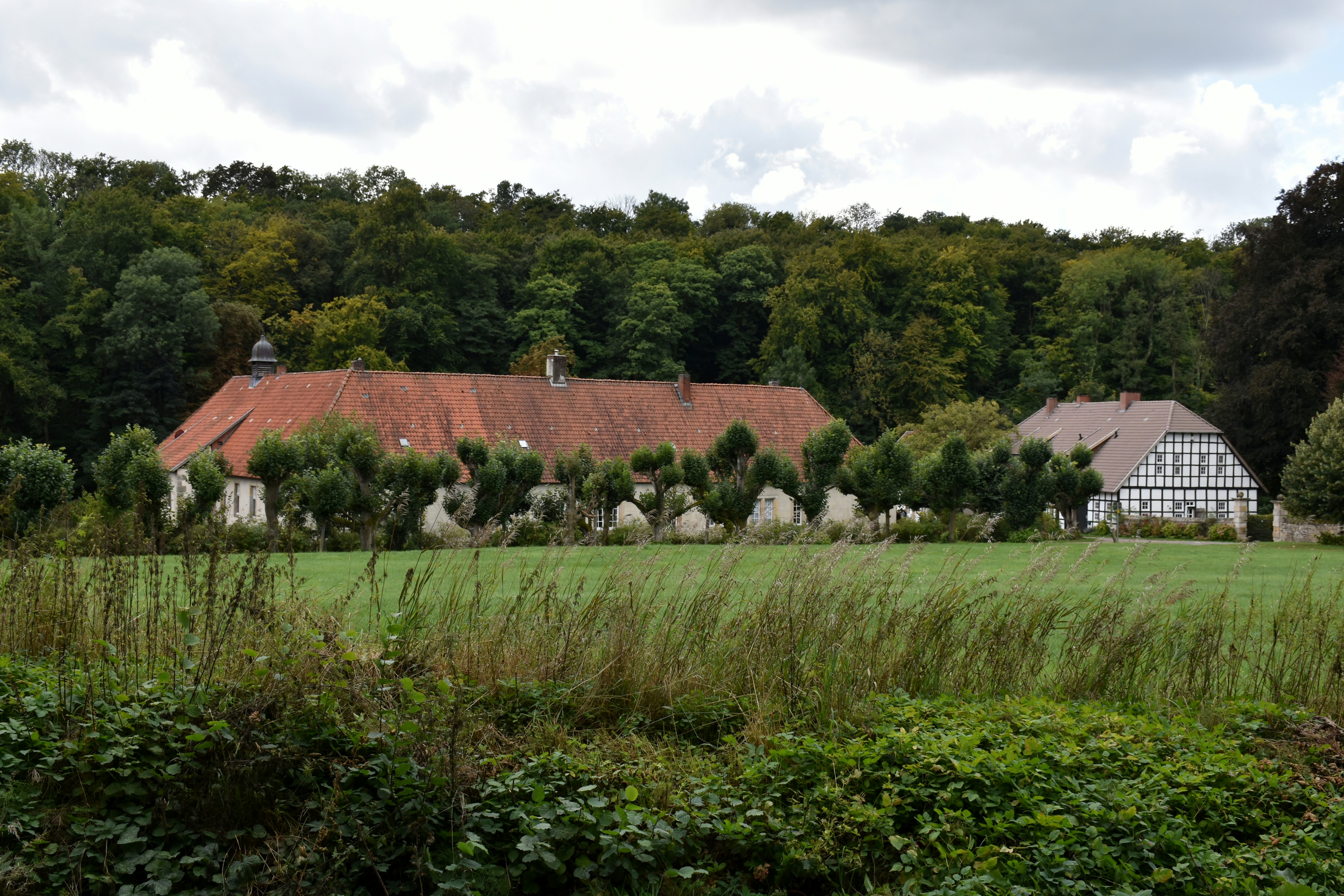 A landmark near the forest (Travel - tourism - Germany) | Farm buildings nestled among trees with a grassy field.