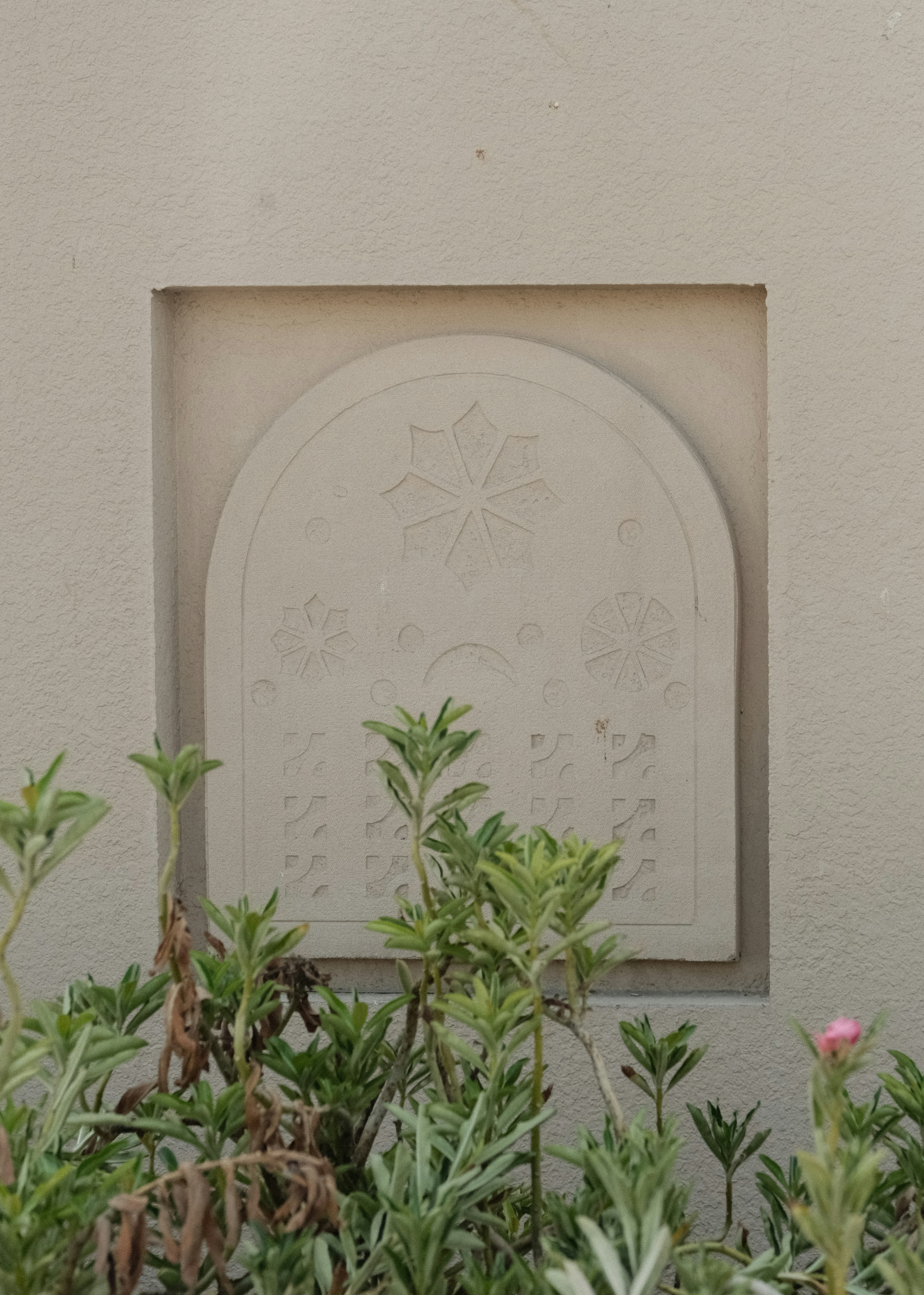 Ornate carved stone panel set in wall with plants.