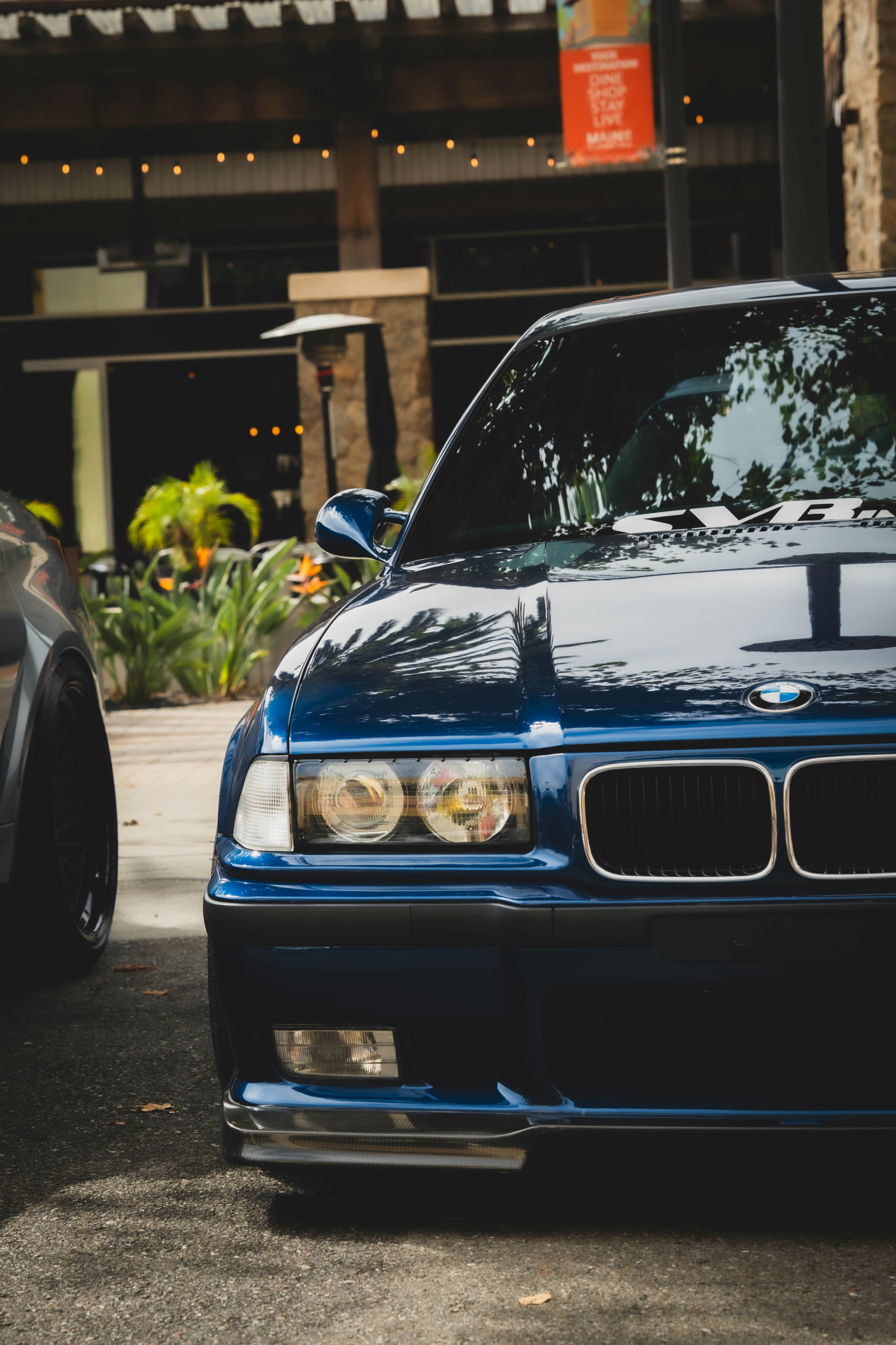 Close-up of a blue BMW parked in an urban setting, showcasing its sleek design and distinctive headlights. The background features greenery and architectural elements.