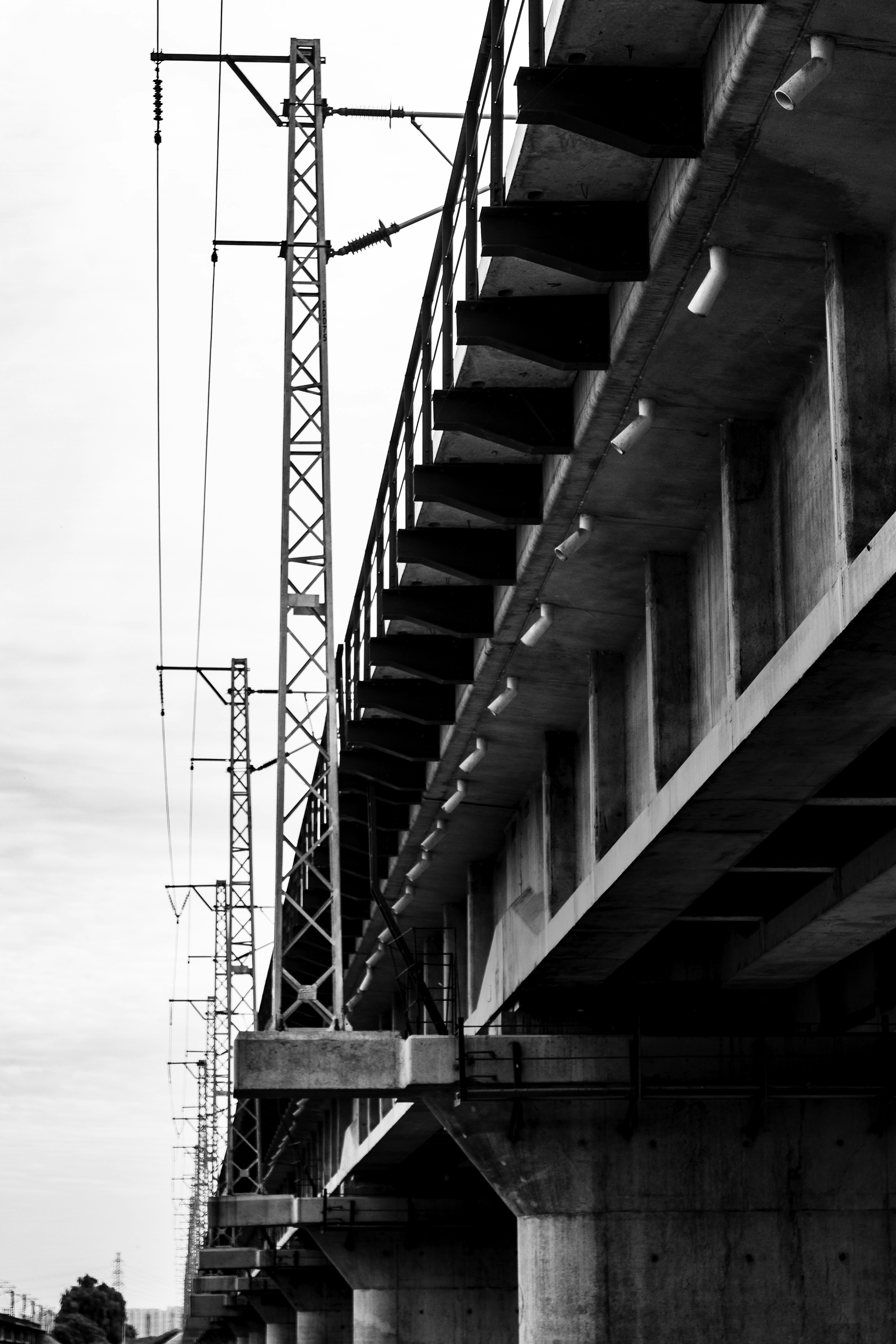 Concrete overpass with exposed beams and power lines, captured in monochrome. The stark contrasts highlight the architectural intricacies.