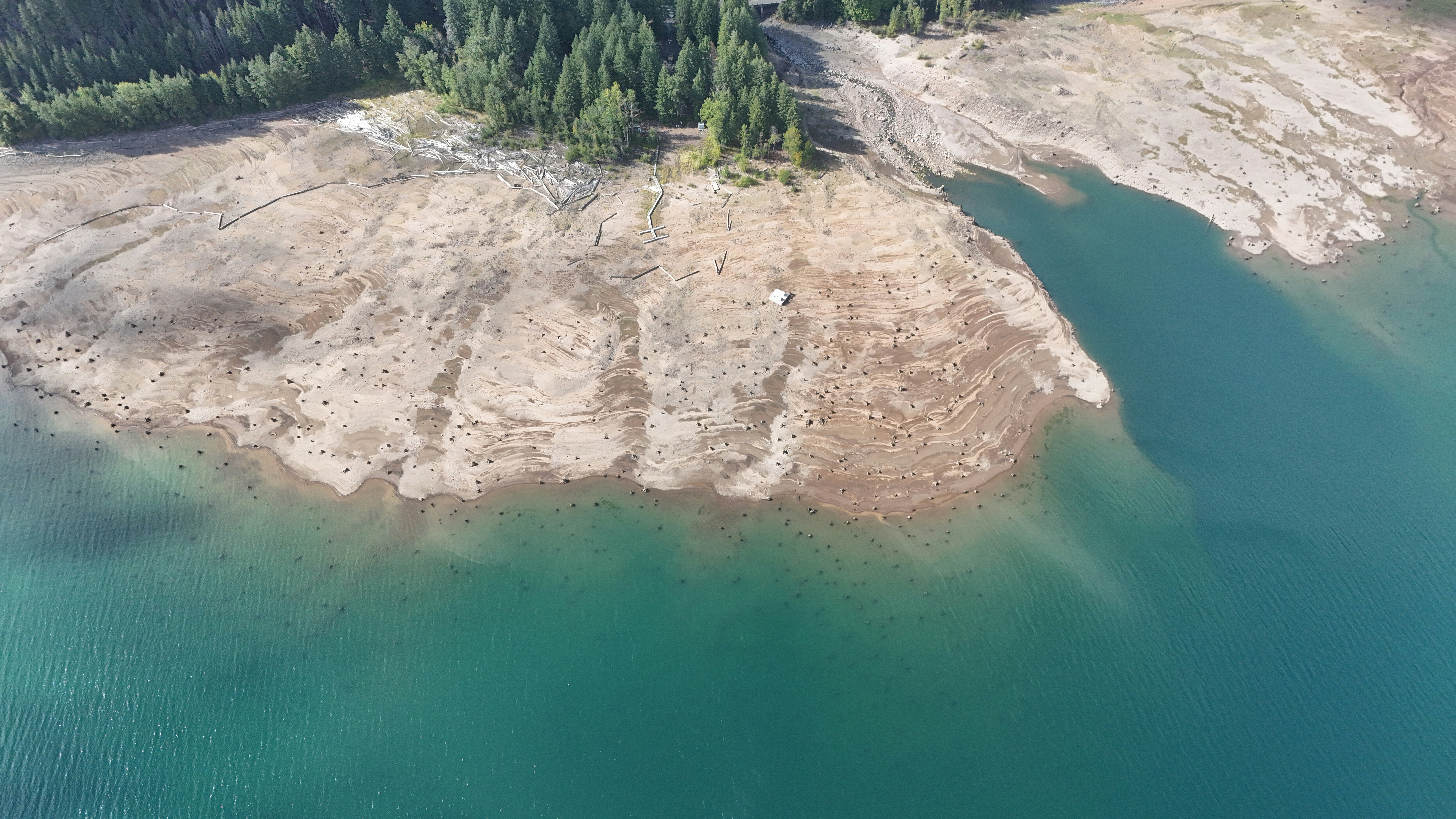 Aerial view of a sandy shoreline meeting a tranquil blue lake, framed by lush greenery. The unique patterns of the land and water create a striking visual contrast.