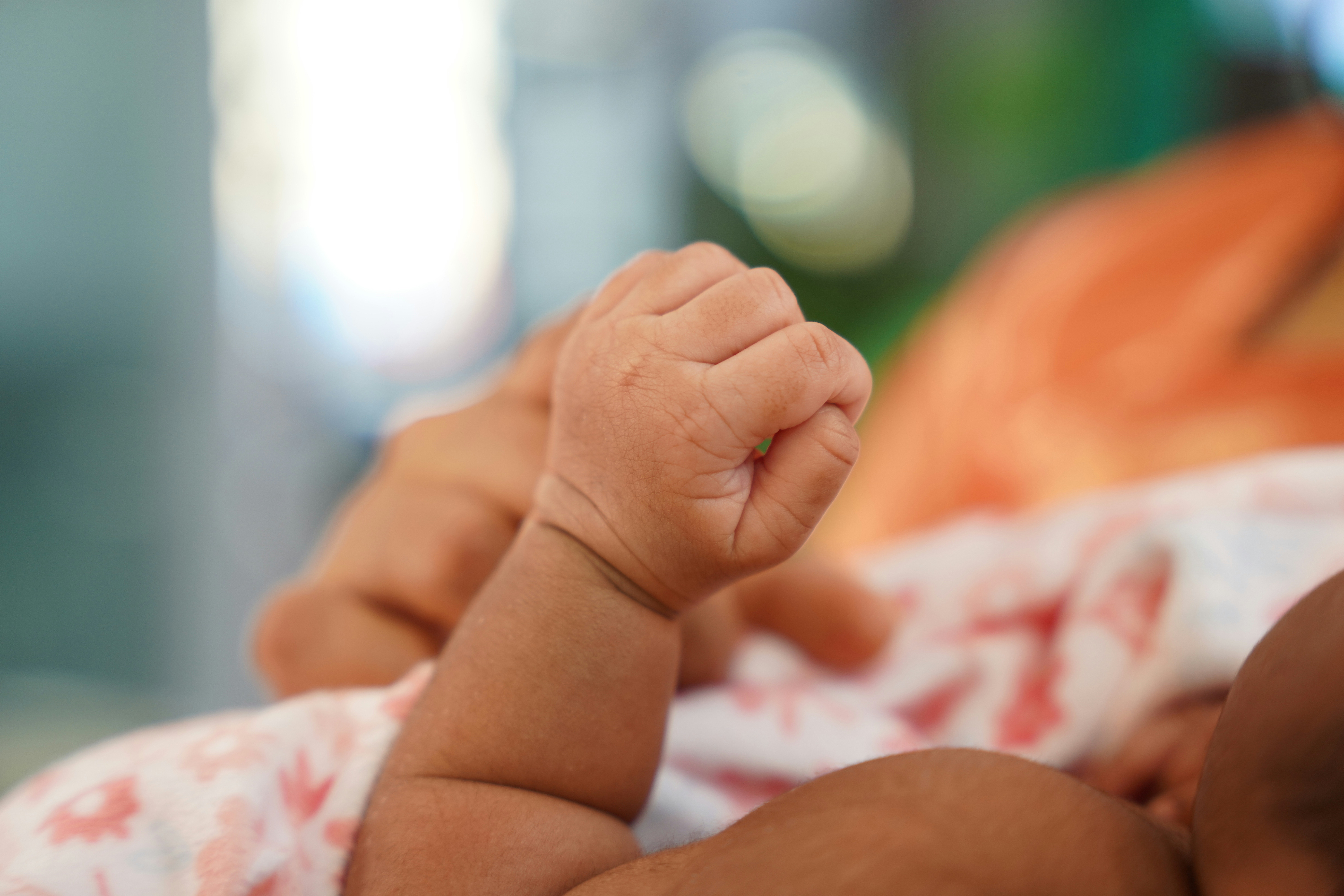 Close-up of a newborn baby's clenched fist.
