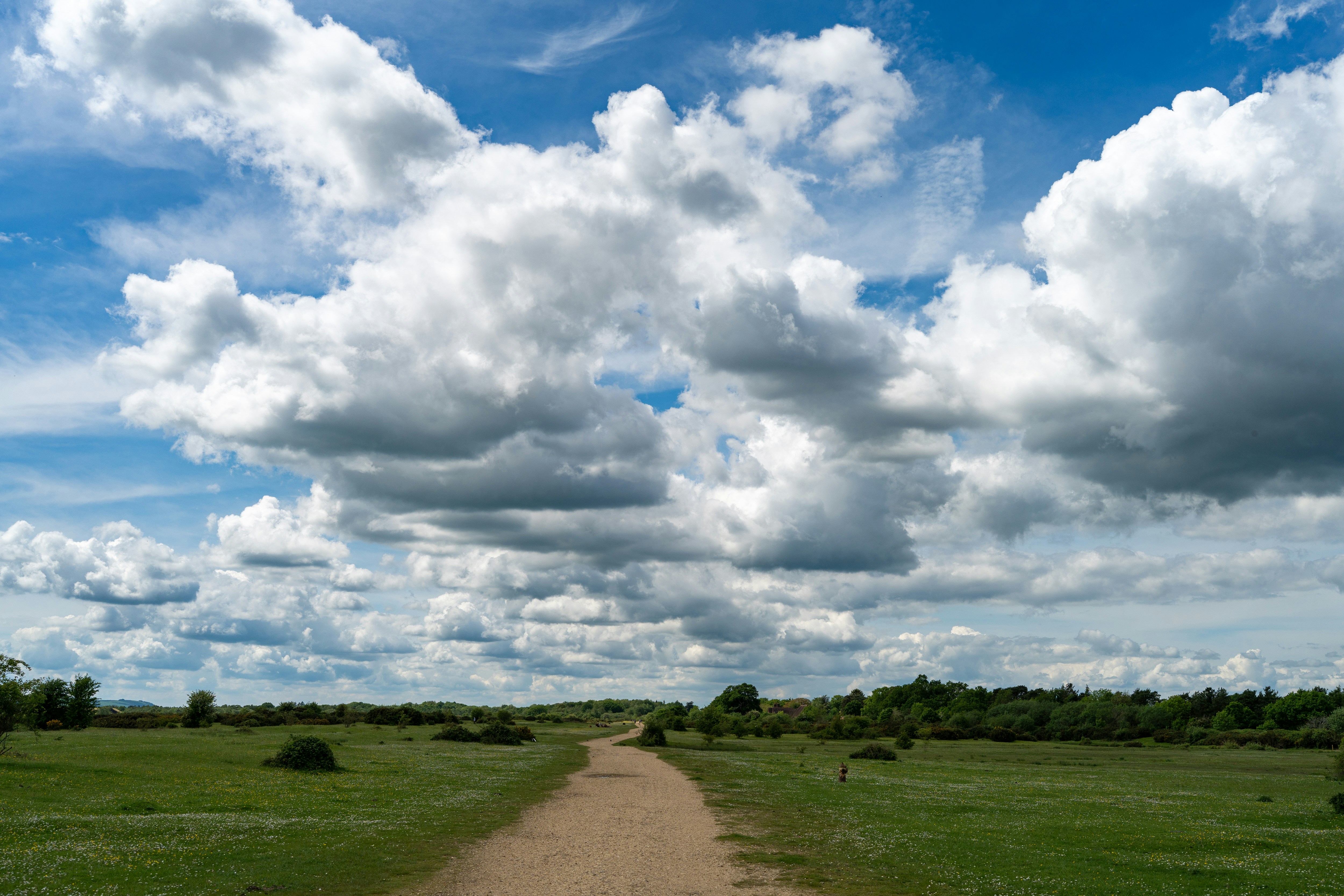 Dramatic Sky over Greenham Common | A dirt path through a grassy field under clouds