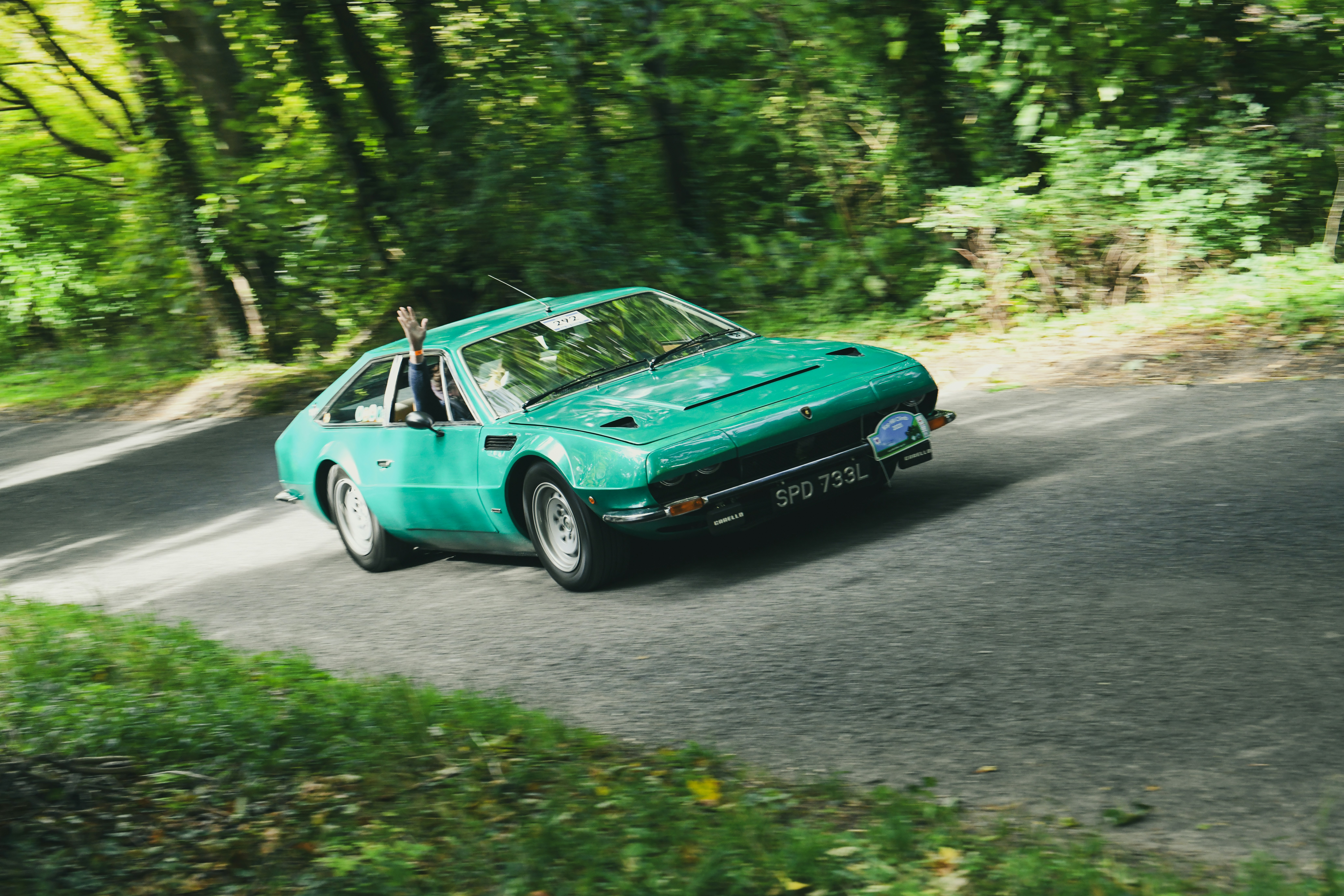 Mint-green classic car carving a forest curve under dappled light