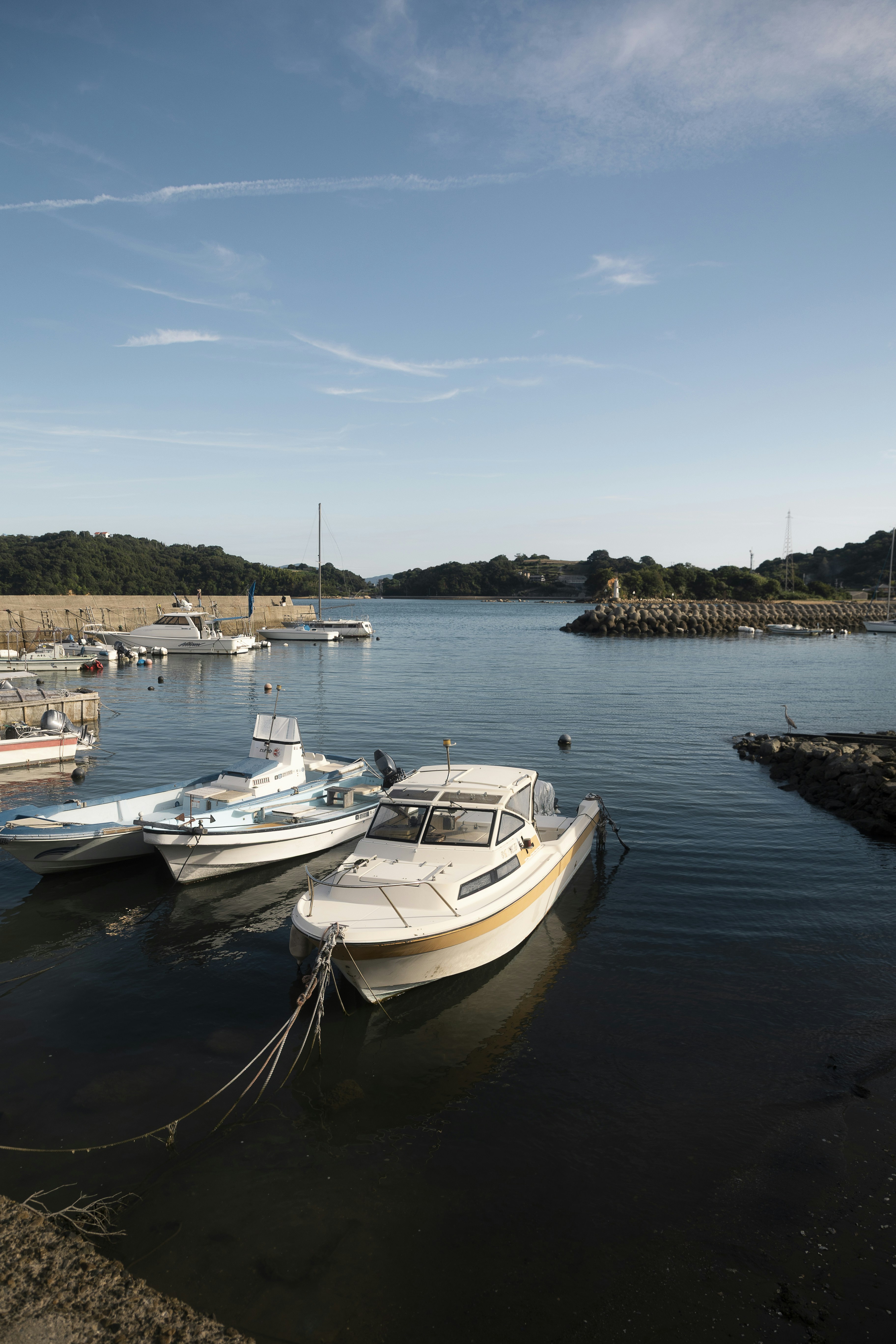 Boats moored in a calm harbor under a blue sky.