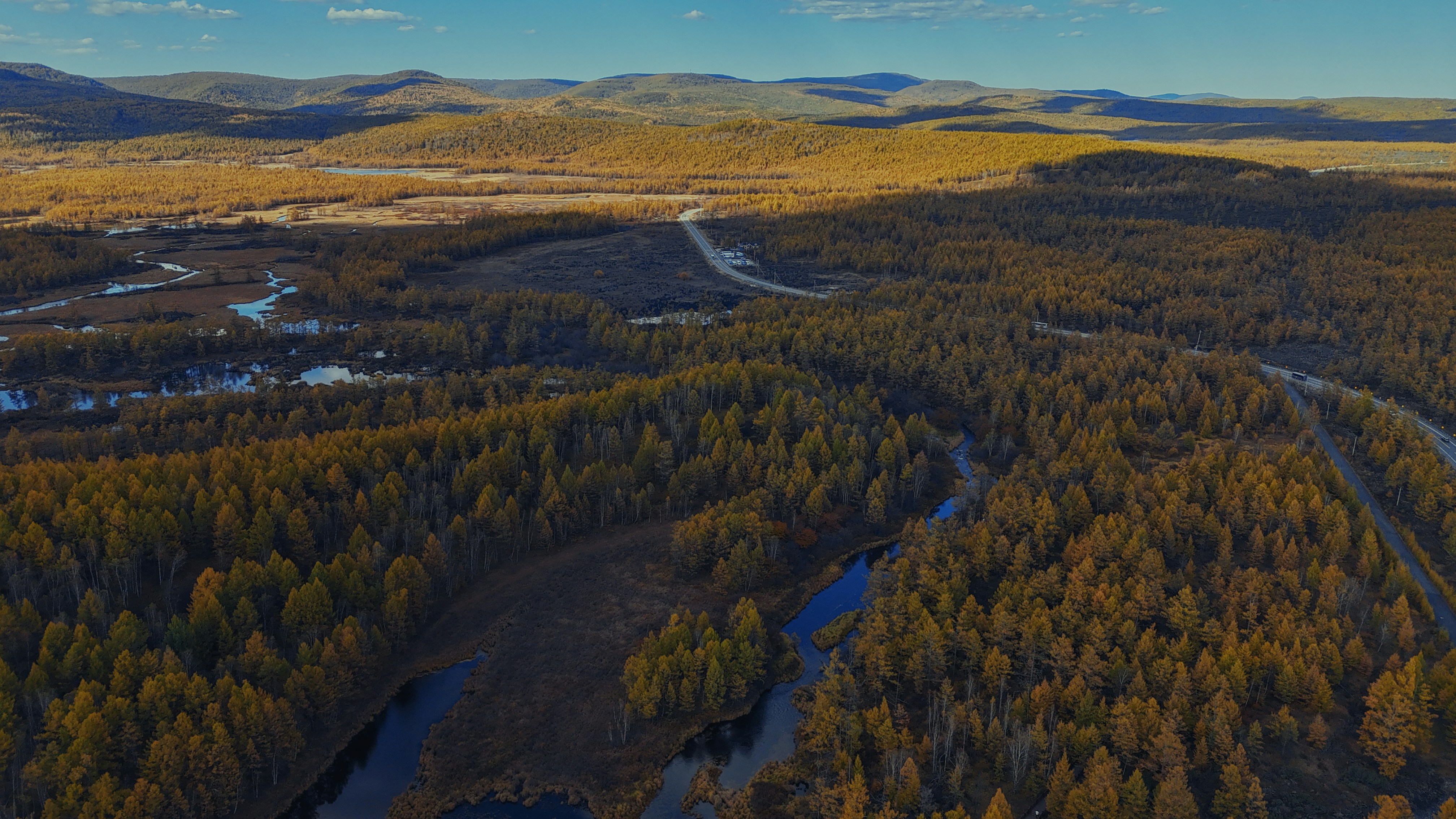 Aerial view of a winding river through autumn forest.