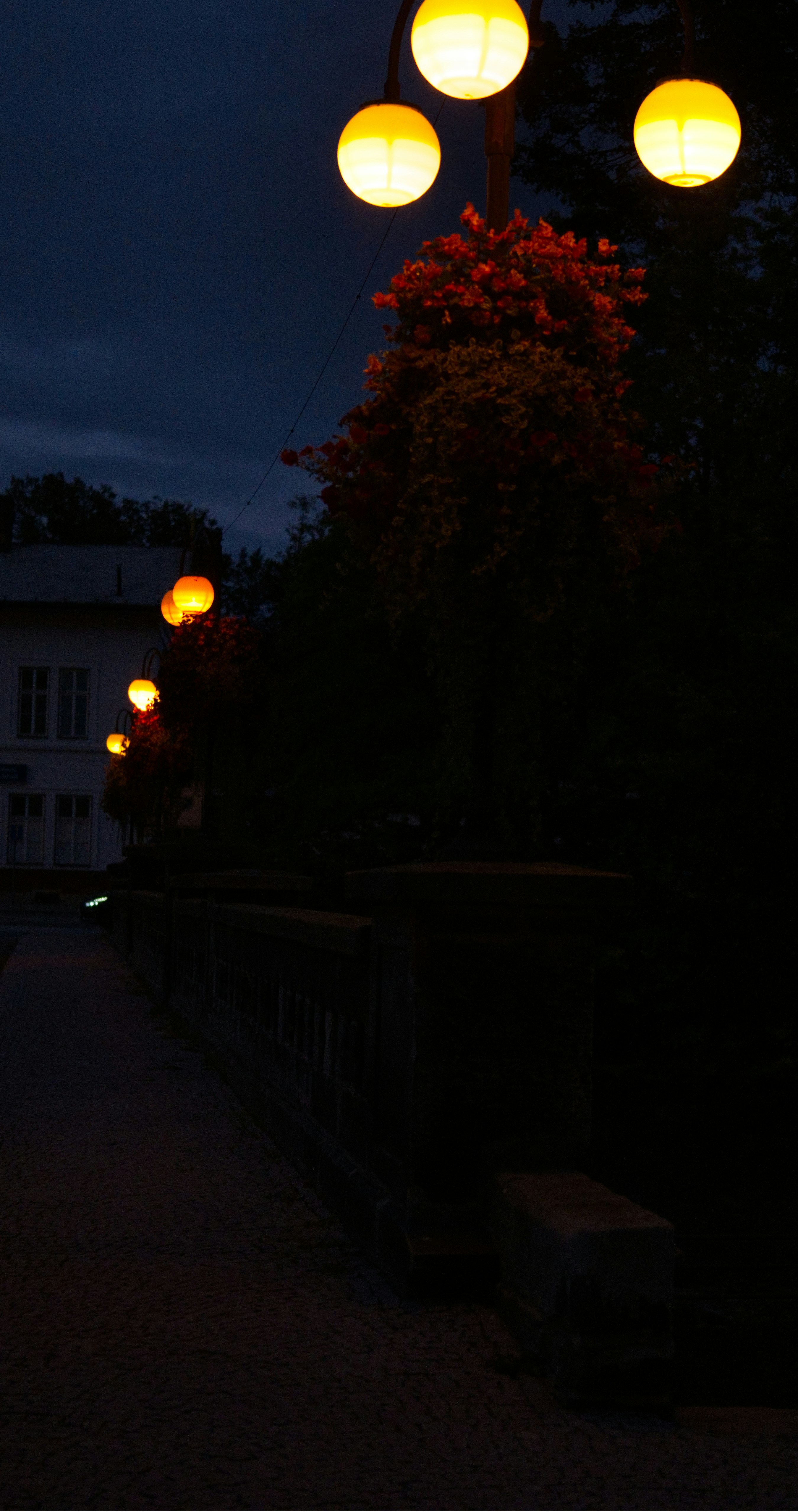 bridge at dark | Glowing lanterns line a dark path at night.