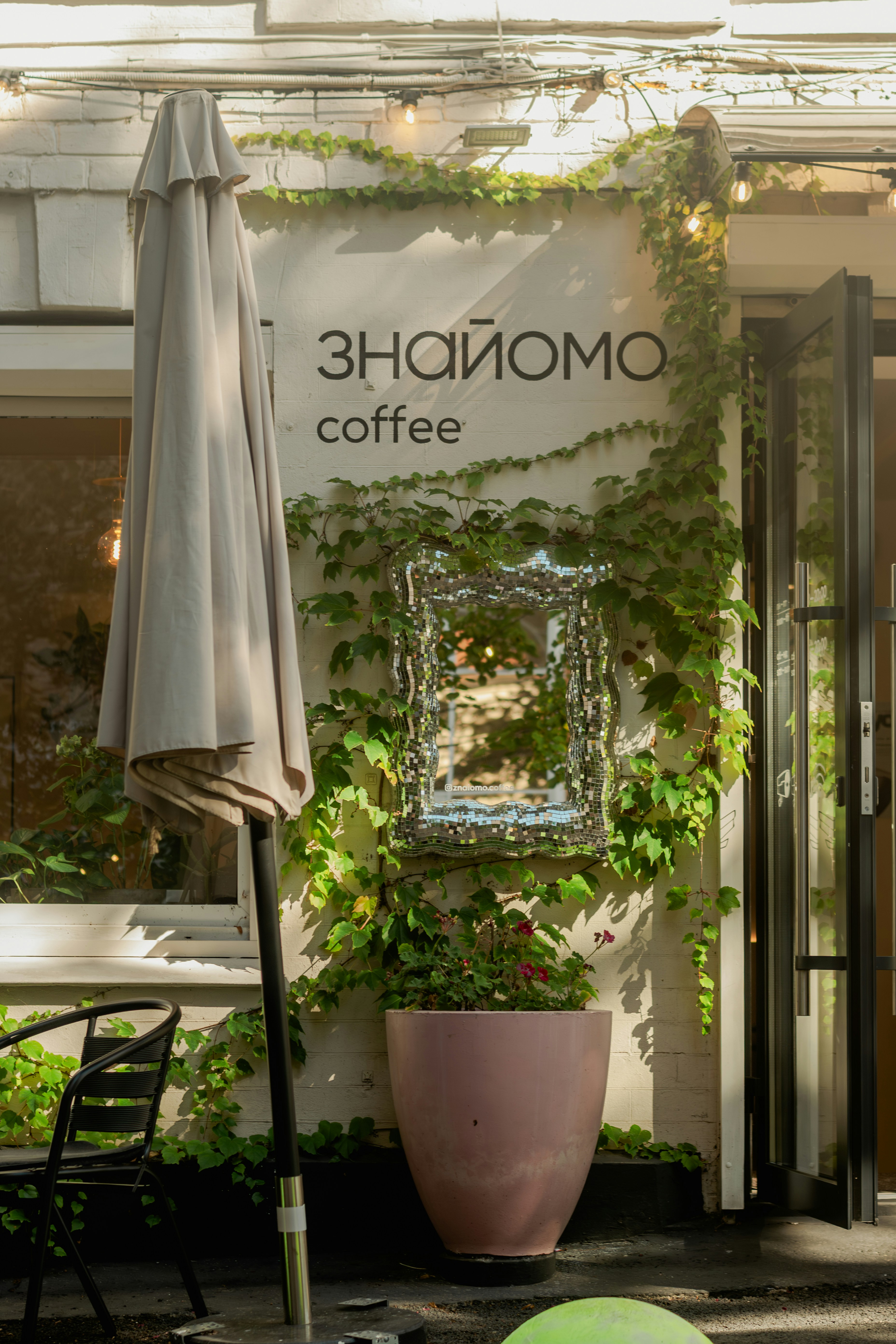 Coffee shop exterior with vines and umbrella