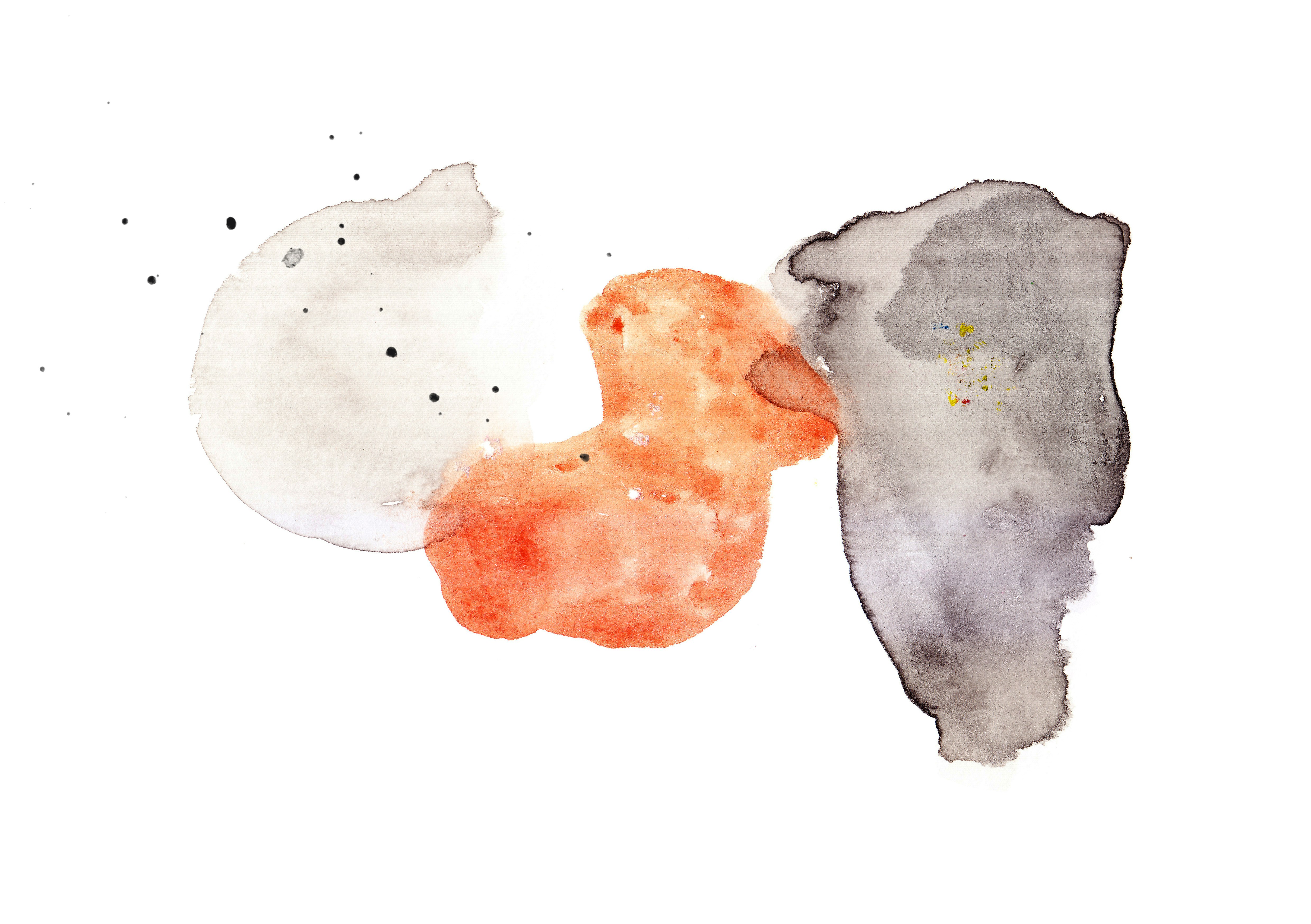 Abstract watercolor composition featuring soft hues of orange, gray, and white blending seamlessly. The artwork evokes a sense of tranquility.