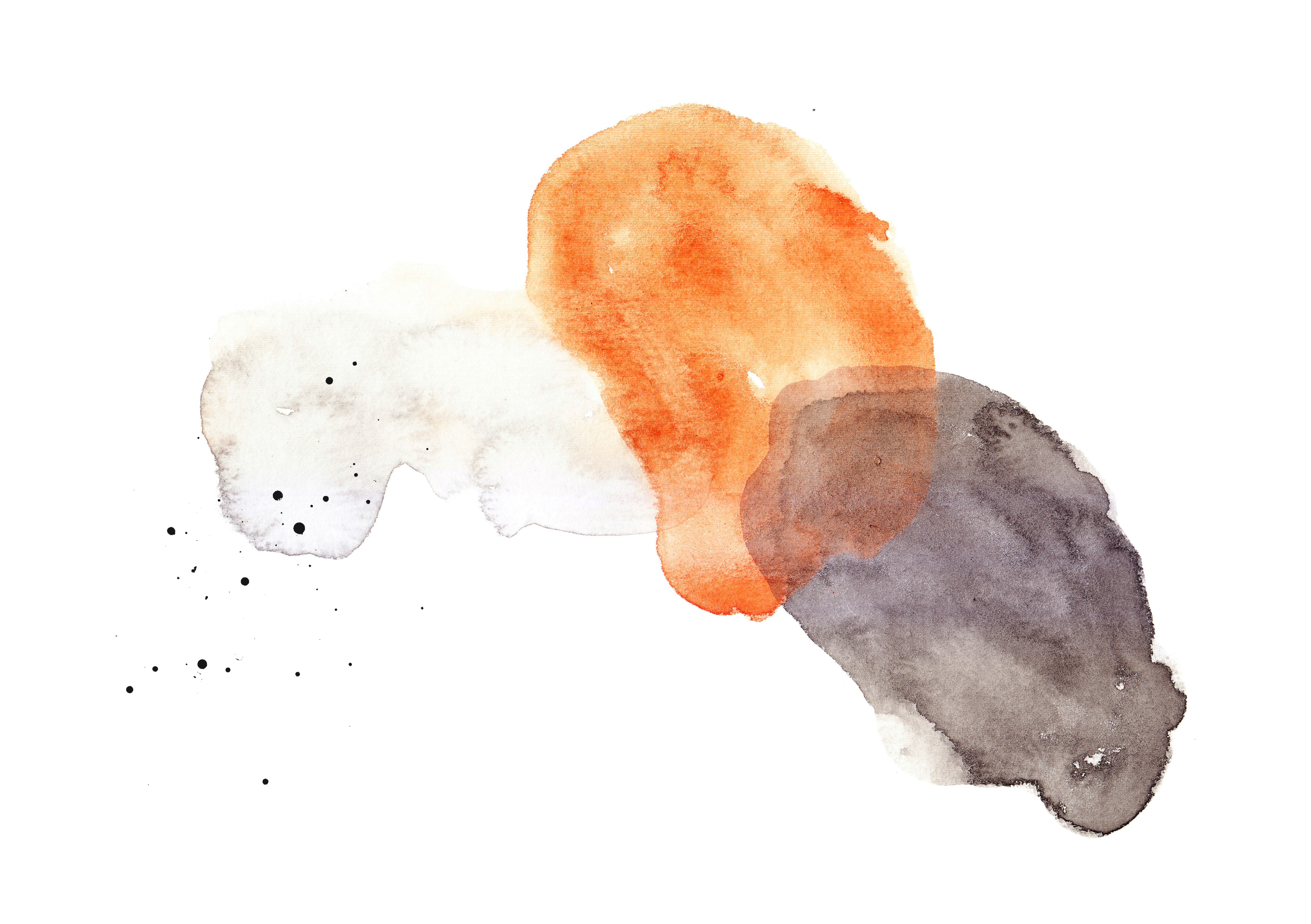 Abstract watercolor composition featuring soft hues of orange, gray, and white blending harmoniously. The fluid shapes evoke a sense of movement and tranquility.