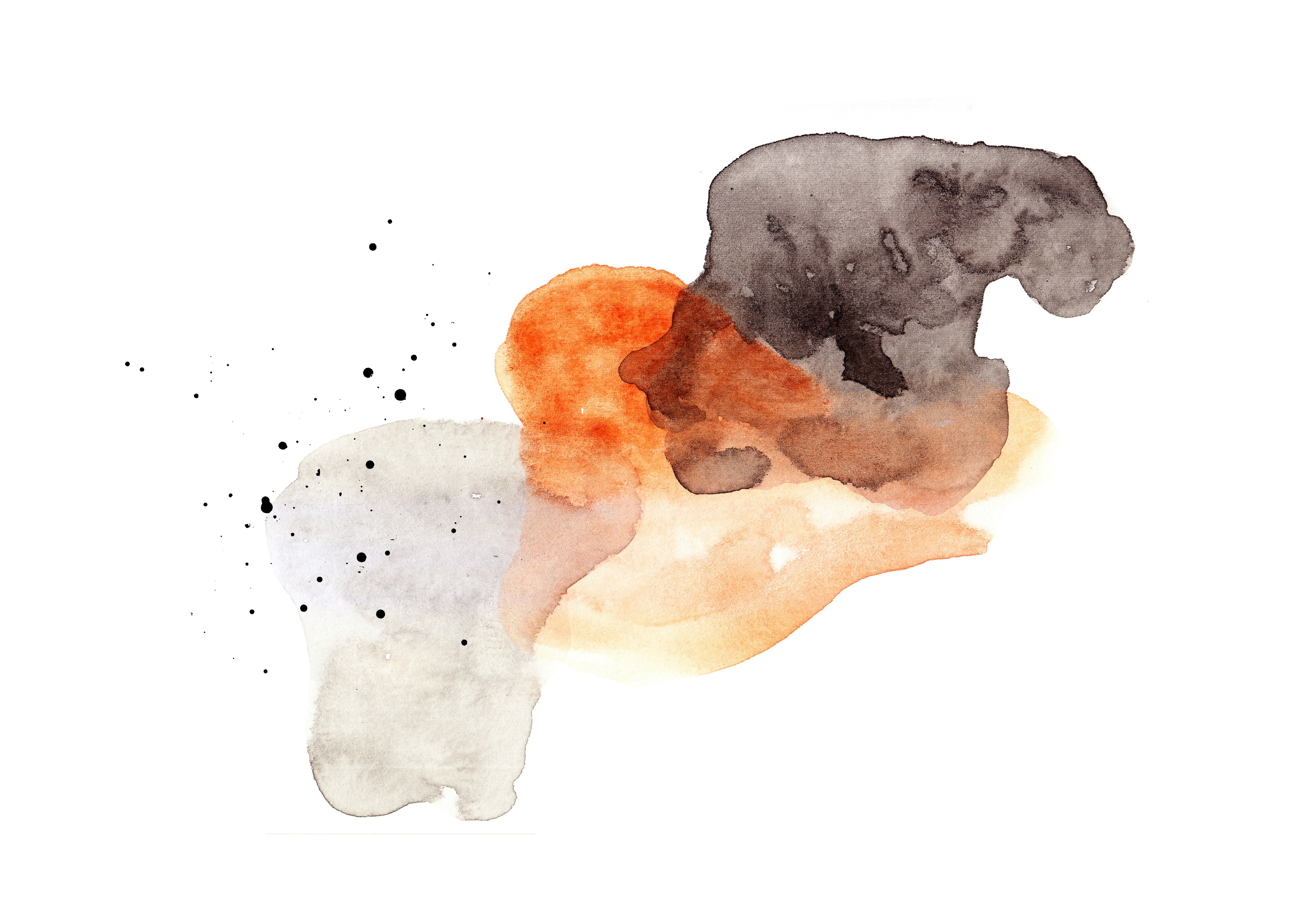 Abstract watercolor composition featuring soft hues of orange, gray, and brown blending seamlessly. The artwork evokes a sense of movement and tranquility.