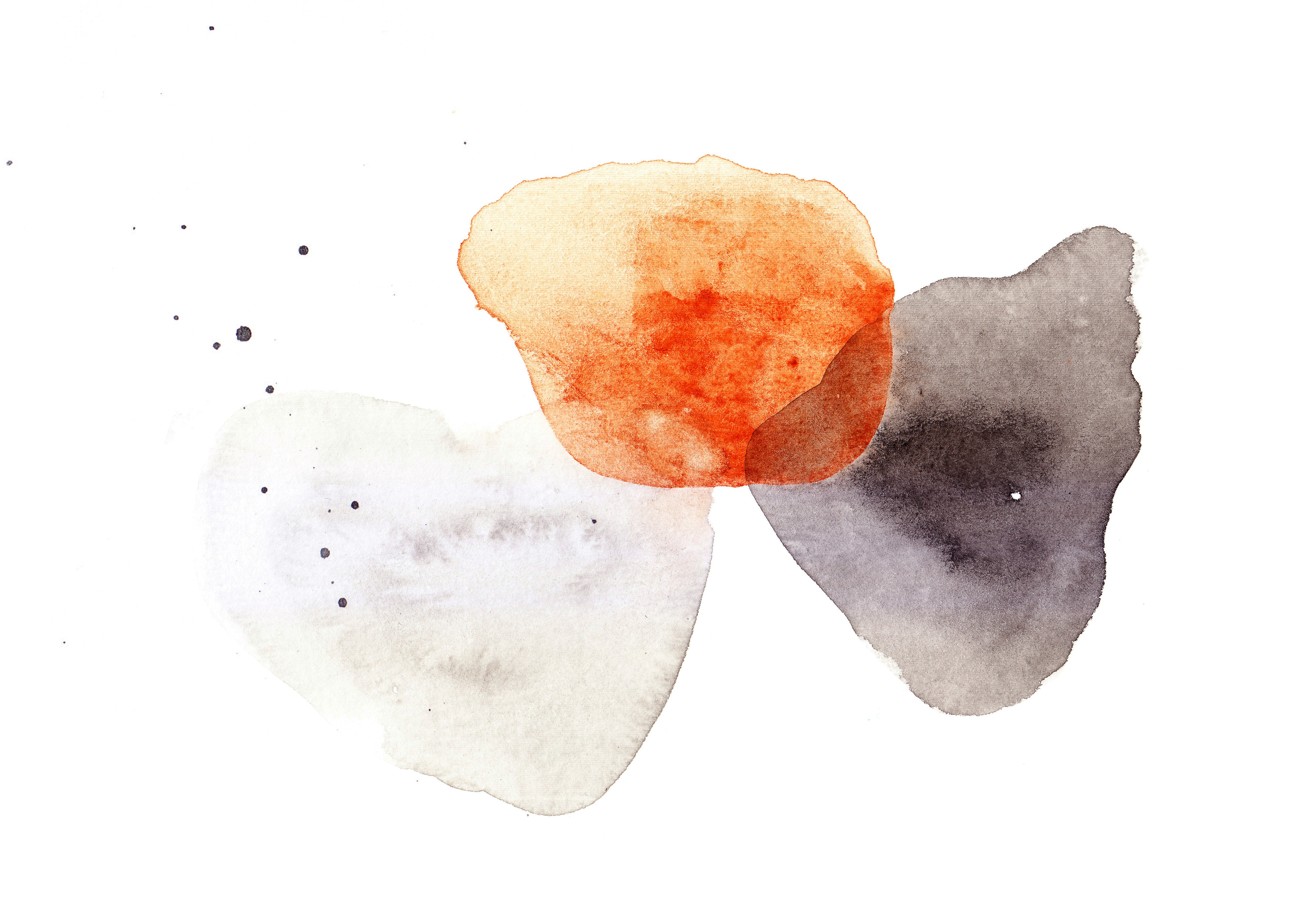 Abstract watercolor composition featuring soft, blended shapes in hues of orange, gray, and white. The gentle transitions evoke a sense of tranquility.
